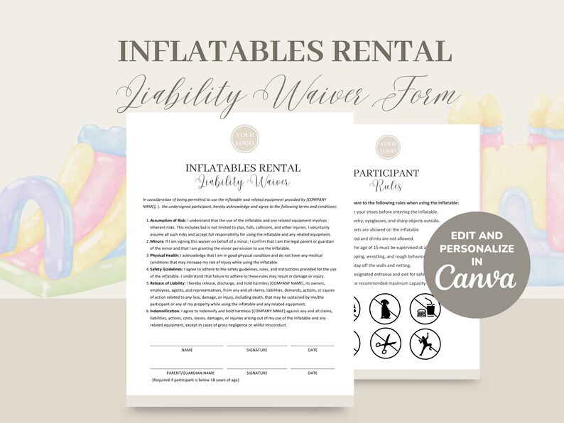 Inflatables Rental Liability Waiver Form Template, Editable/printable ...