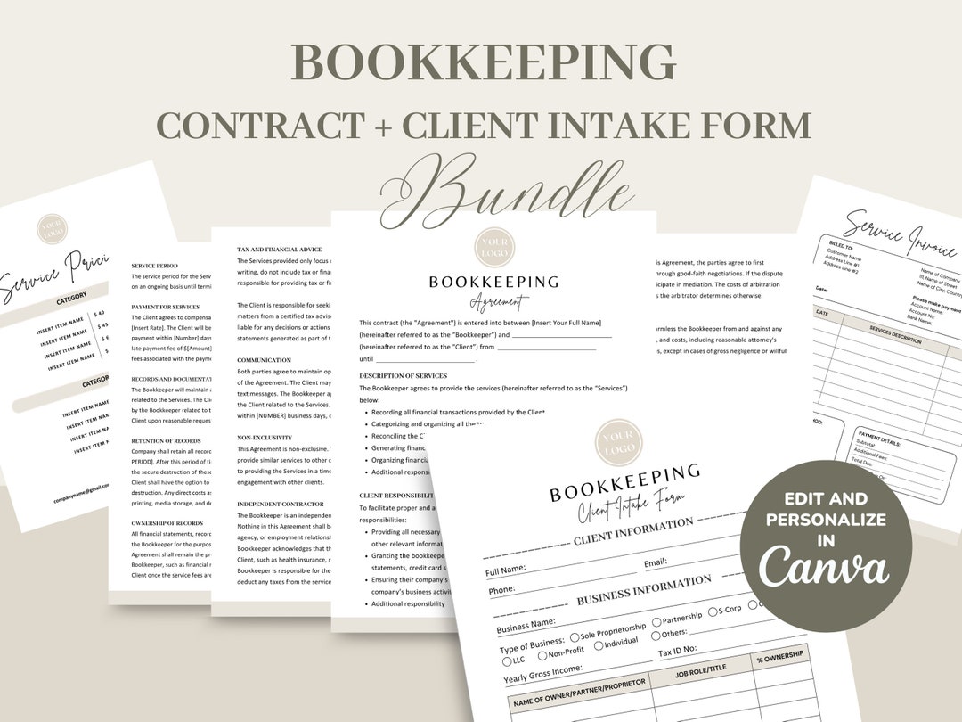 Bookkeeping Service Contract, Freelance Bookkeeper Intake Form, Expense ...
