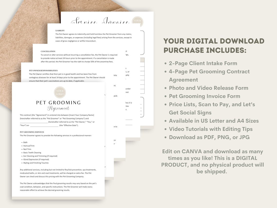 Pet Grooming Service Agreement/contract Template, Editable & Printable ...