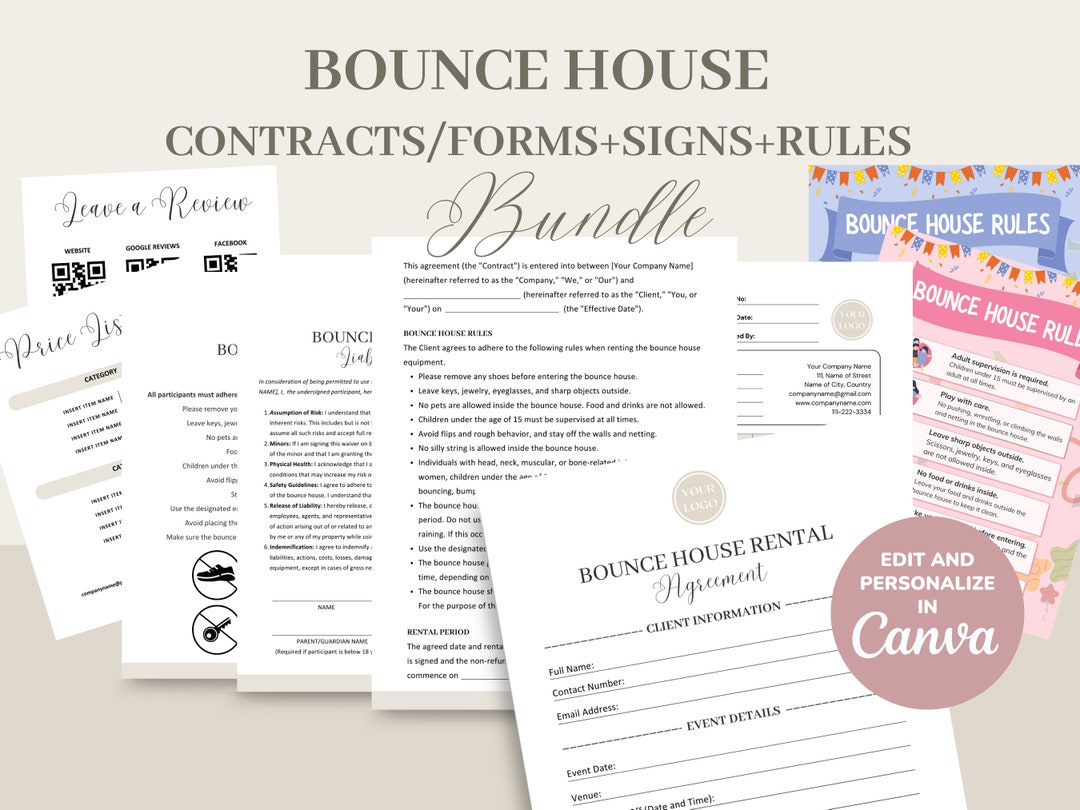 Bounce House Rental Contract Agreement Template, Rules, Business Signs ...