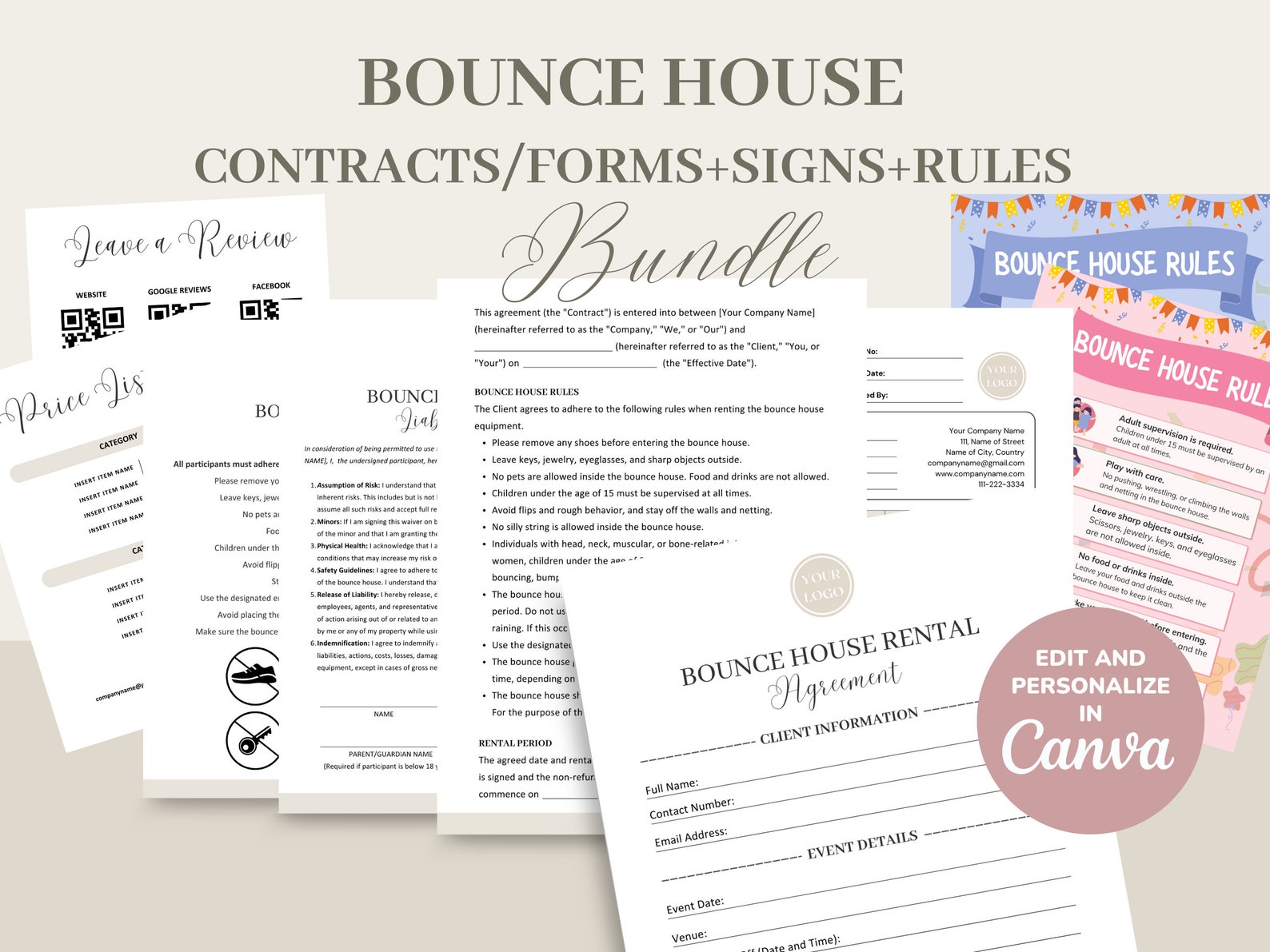 Bounce House Rental Contract Agreement Template, Rules, Business Signs ...