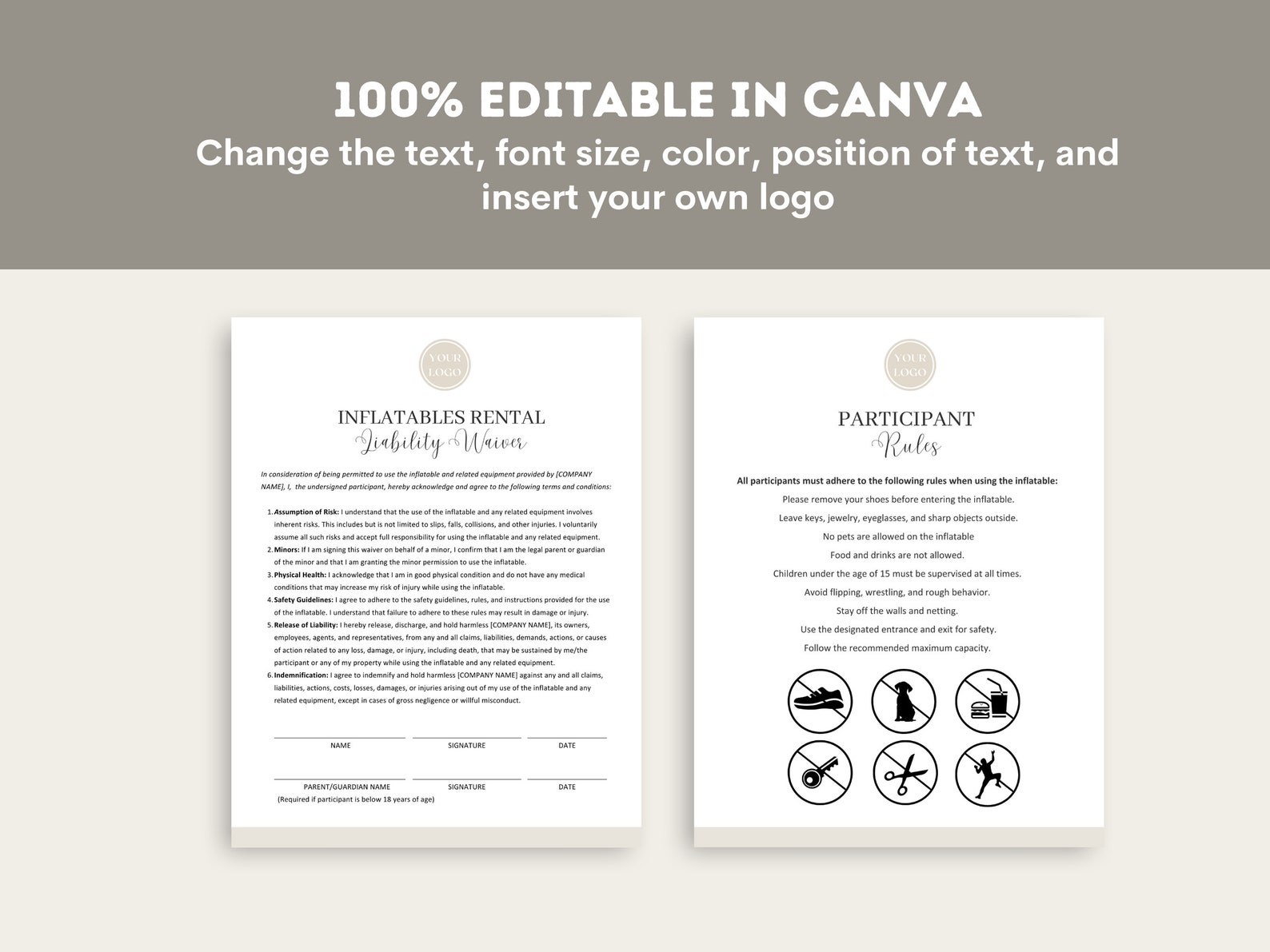 Inflatables Rental Liability Waiver Form Template, Editable/printable ...