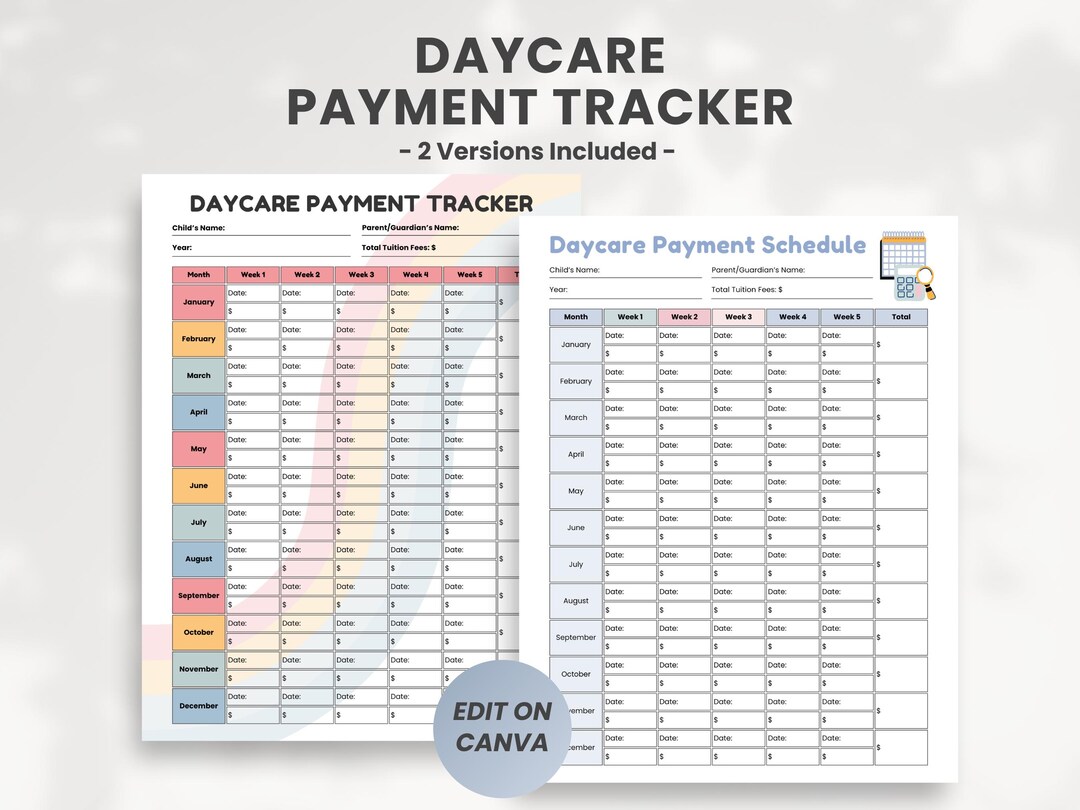 Daycare Payment Tracker, Preschool/childcare Payment Record, Daycare ...