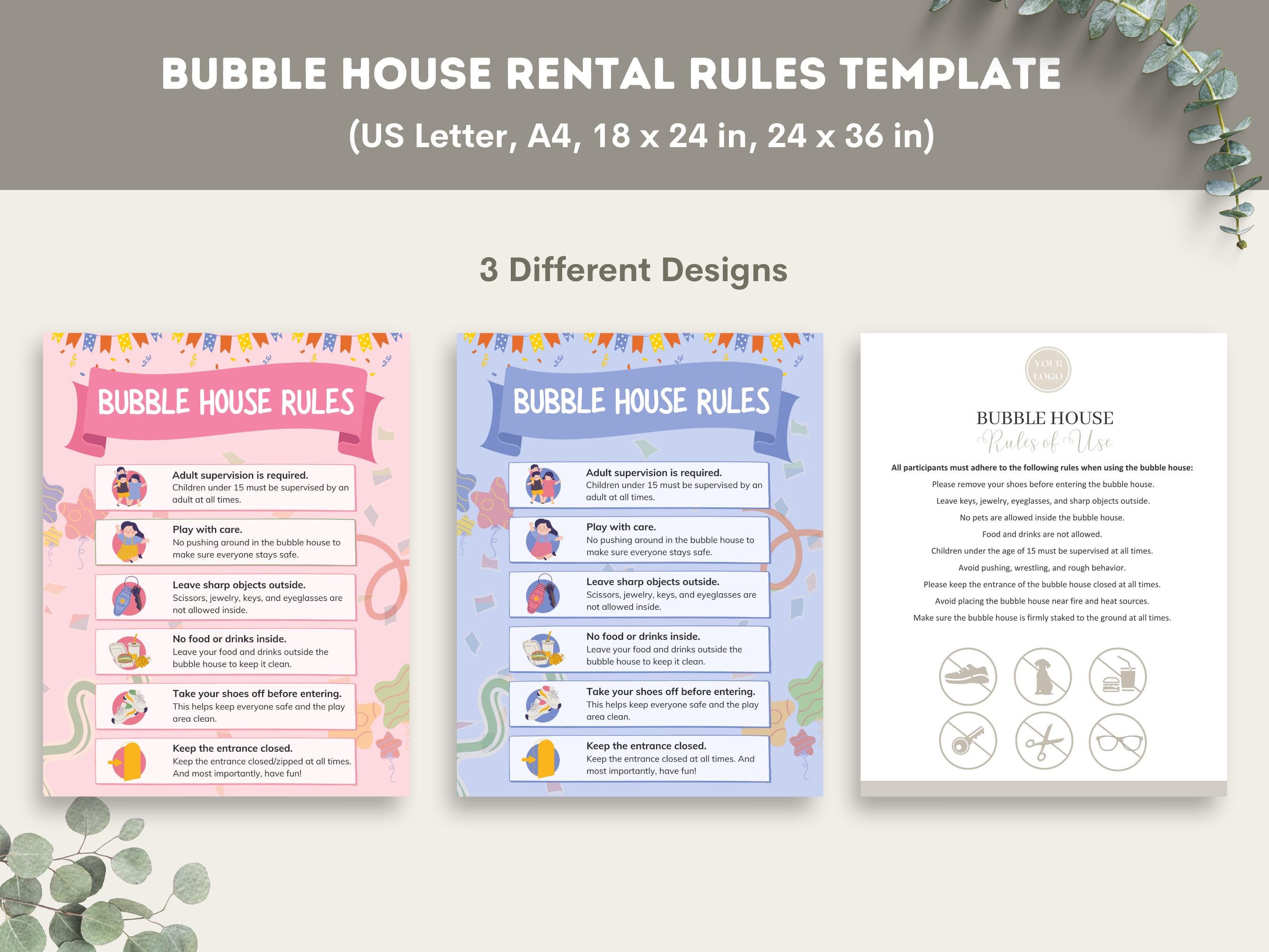 Bubble House Rental Rules Poster and Sign Template, Editable/printable ...