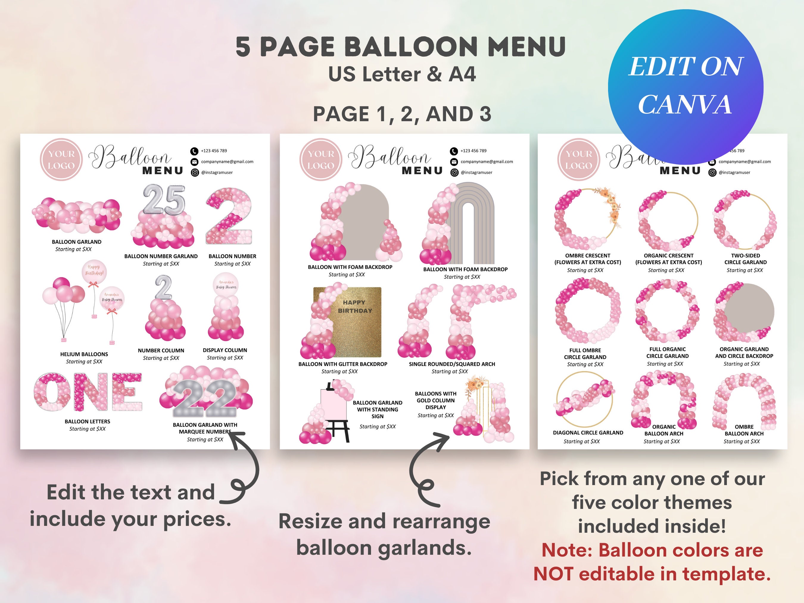 Balloon Menu Template, Editable & Printable Balloon Decor Price List ...