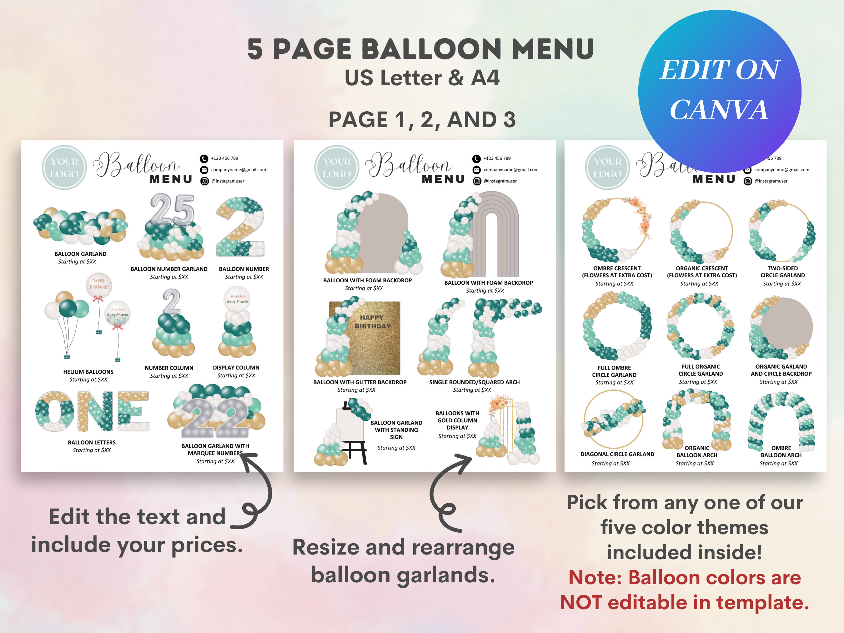 Balloon Menu Template, Editable & Printable Balloon Decor Price List ...