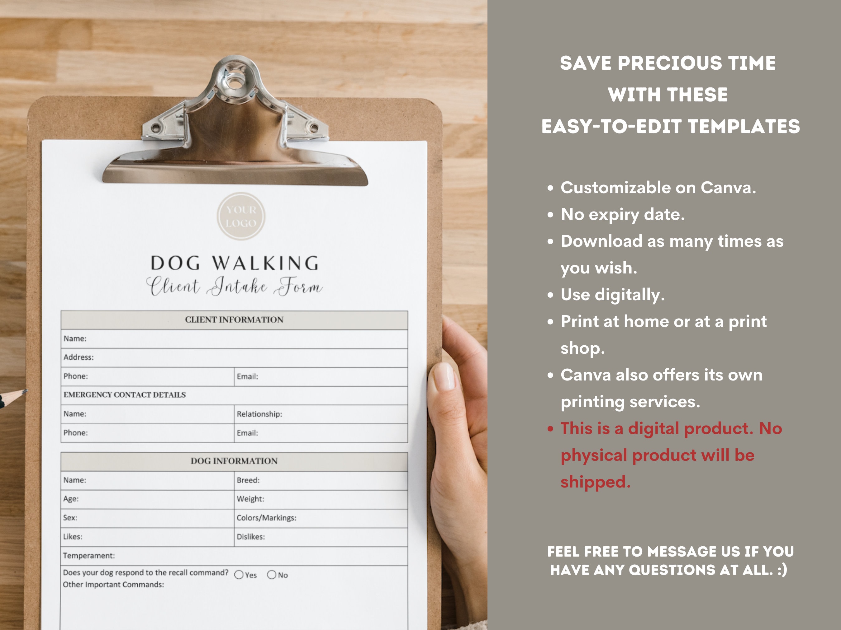 Dog Walking Service Agreement/contract Template, Editable & Printable ...