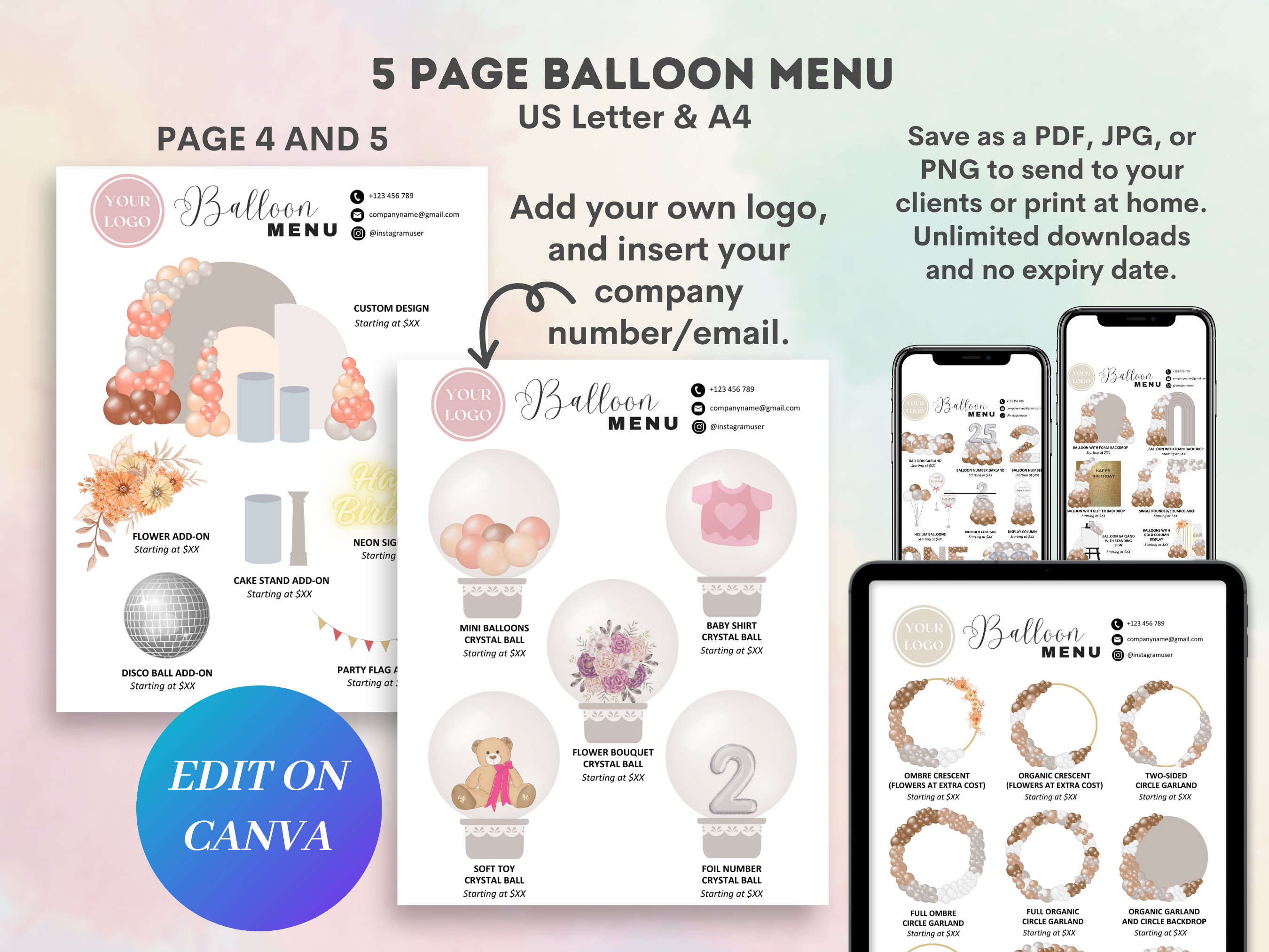 Balloon Menu Template, Editable & Printable Balloon Decor Price List ...