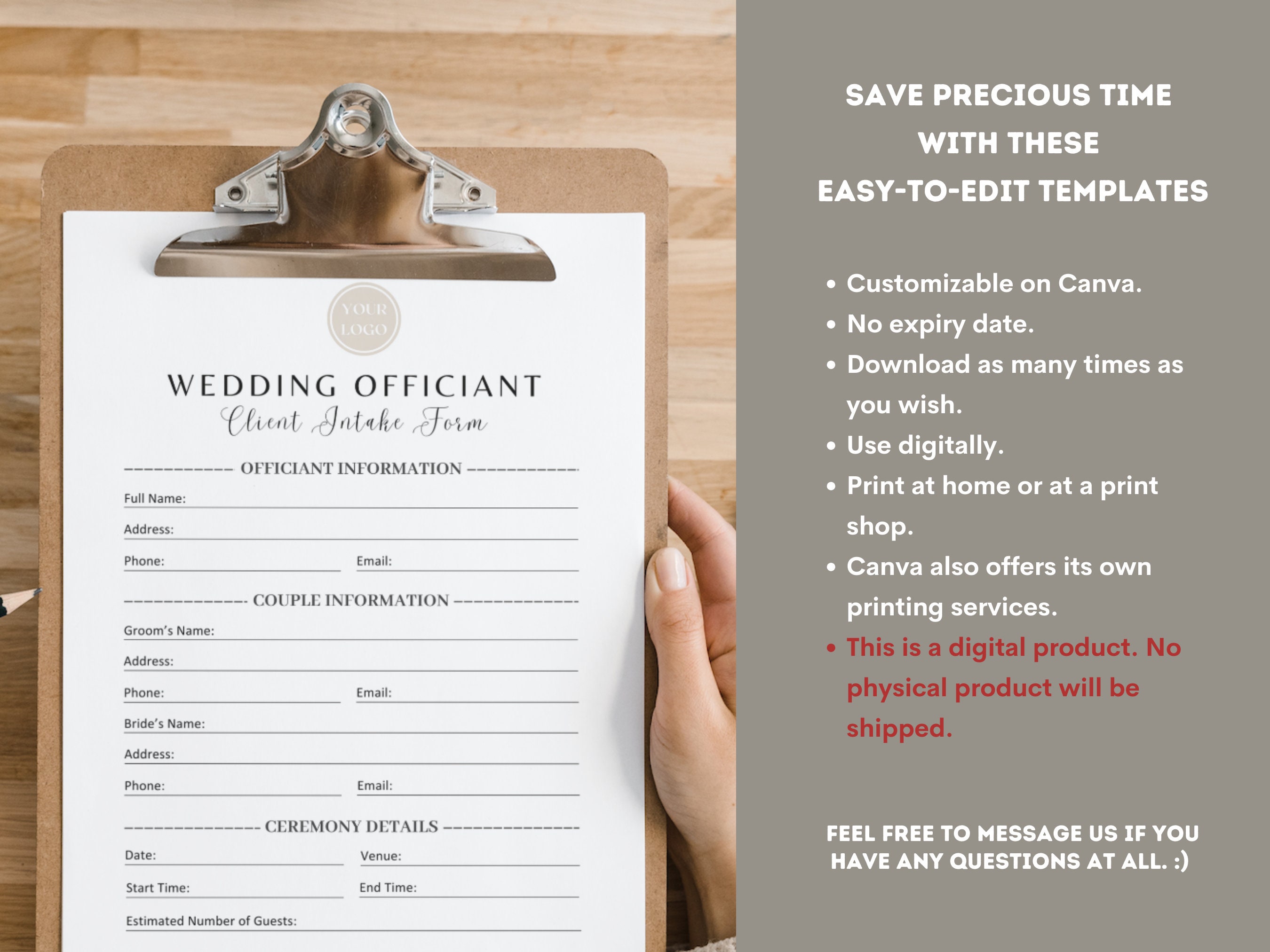 Wedding Officiant Service Contract/agreement Form, Marriage & Wedding ...