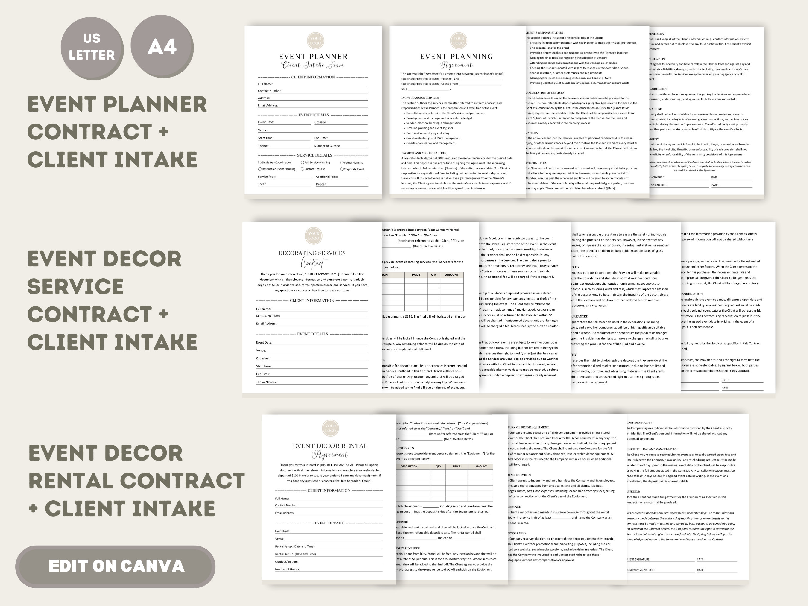Event Planning/decor Contract Bundle, Client Intake & Order Form ...
