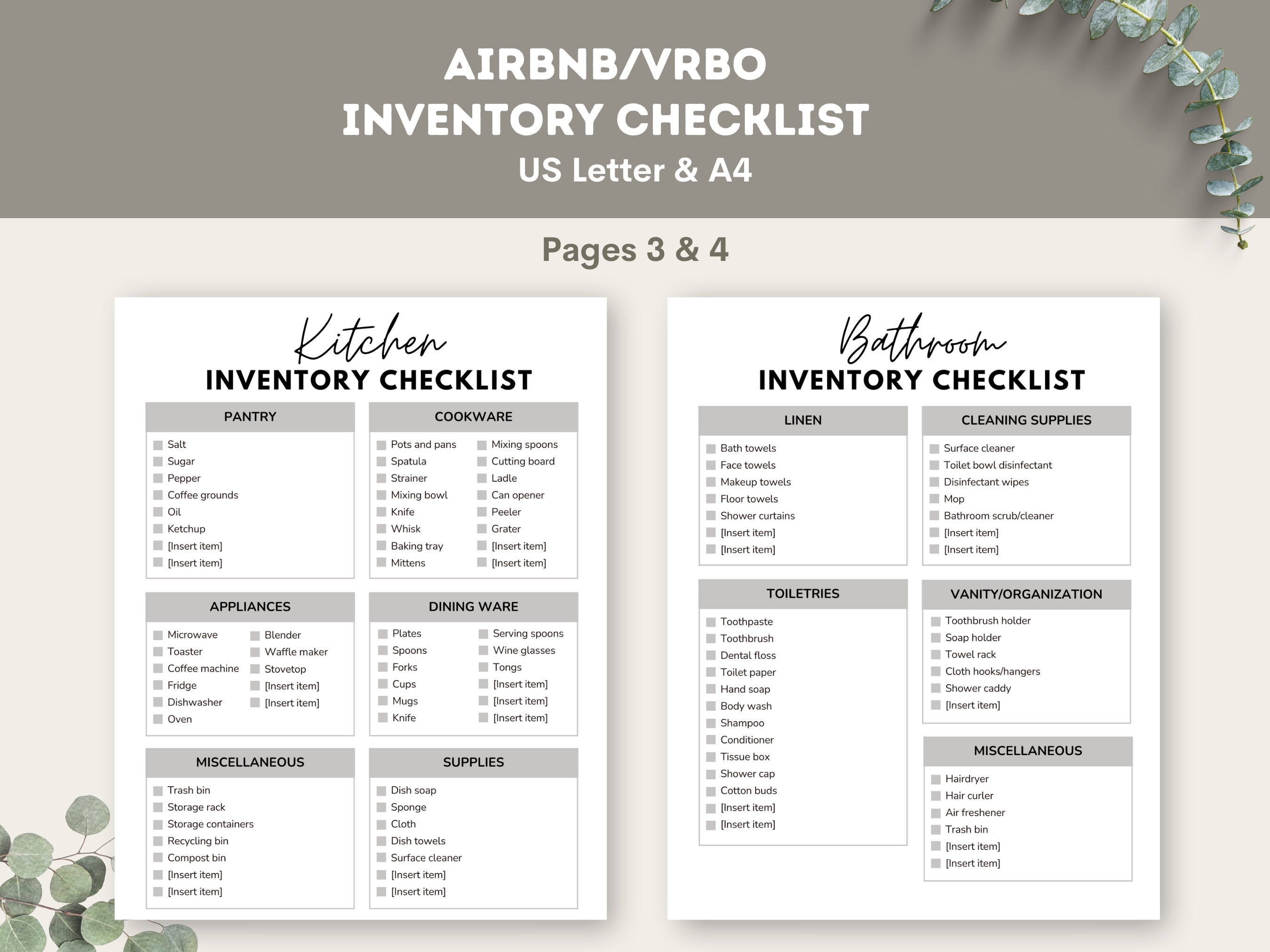 Airbnb Inventory Checklist Template, Editable Printable Rental Home ...