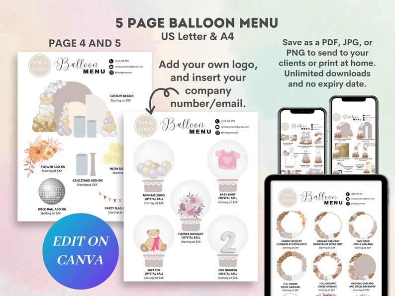 Balloon Menu Template, Editable & Printable Balloon Decor Price List ...