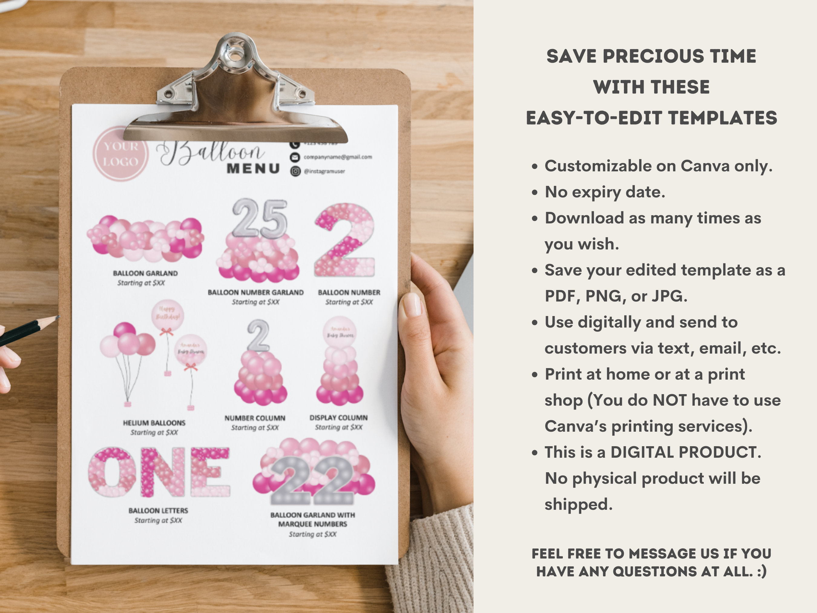 Balloon Menu Template, Editable & Printable Balloon Decor Price List ...