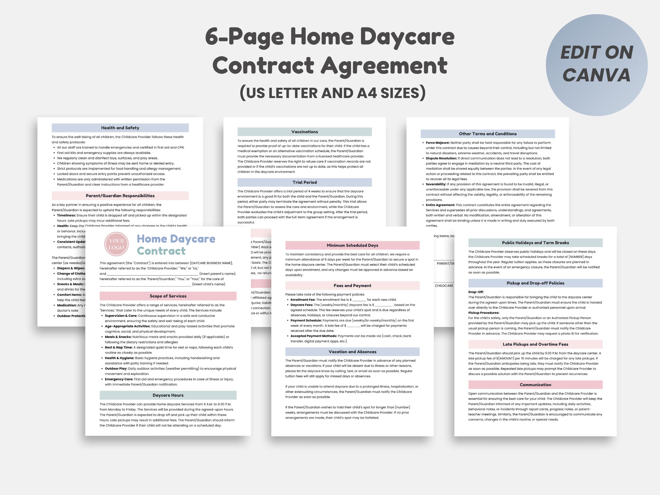 Home Daycare Contract Agreement Template, Home Daycare Enrollment Forms ...