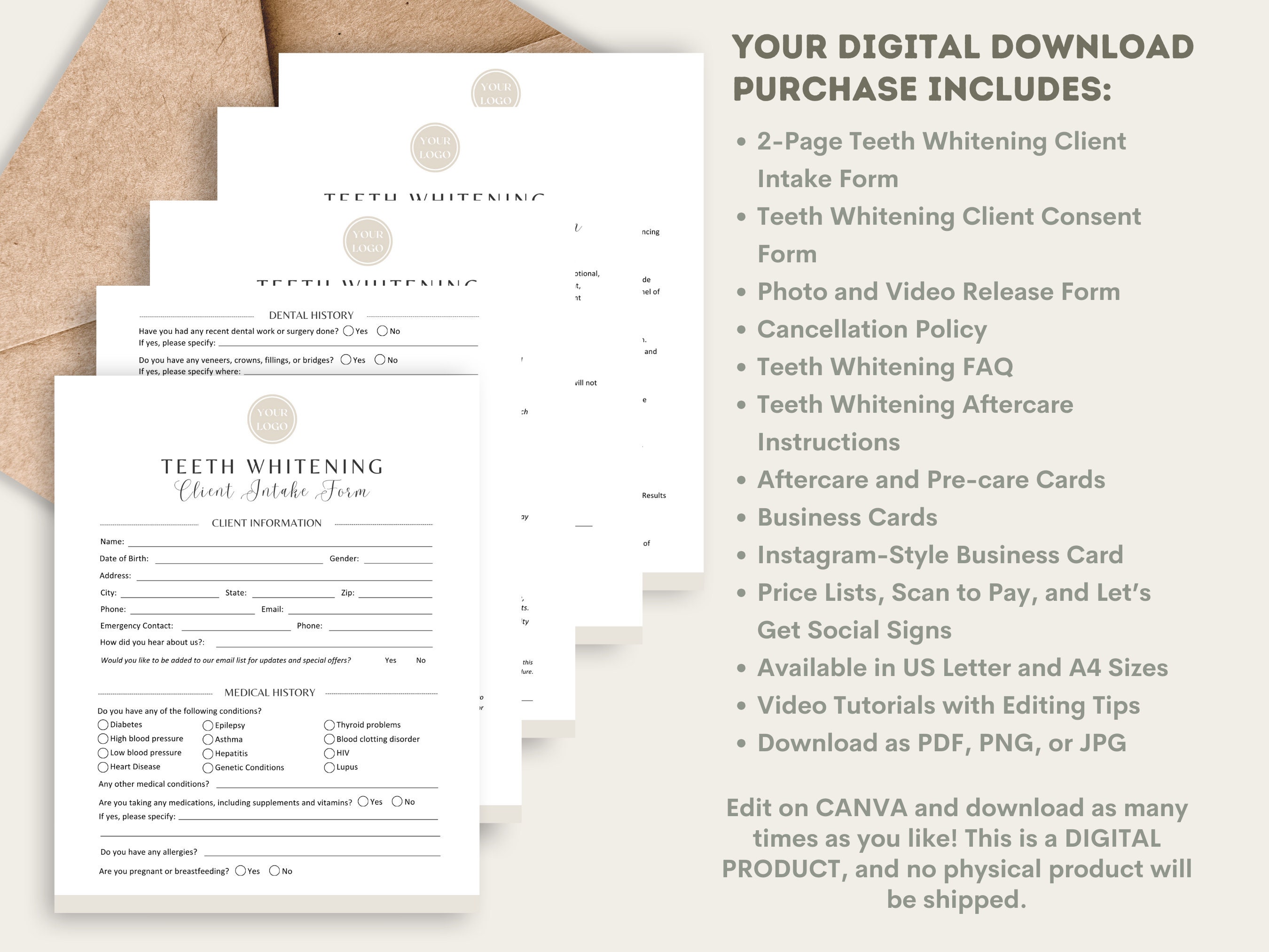 Teeth Whitening Client Intake Forms Template Bundle, Editable ...