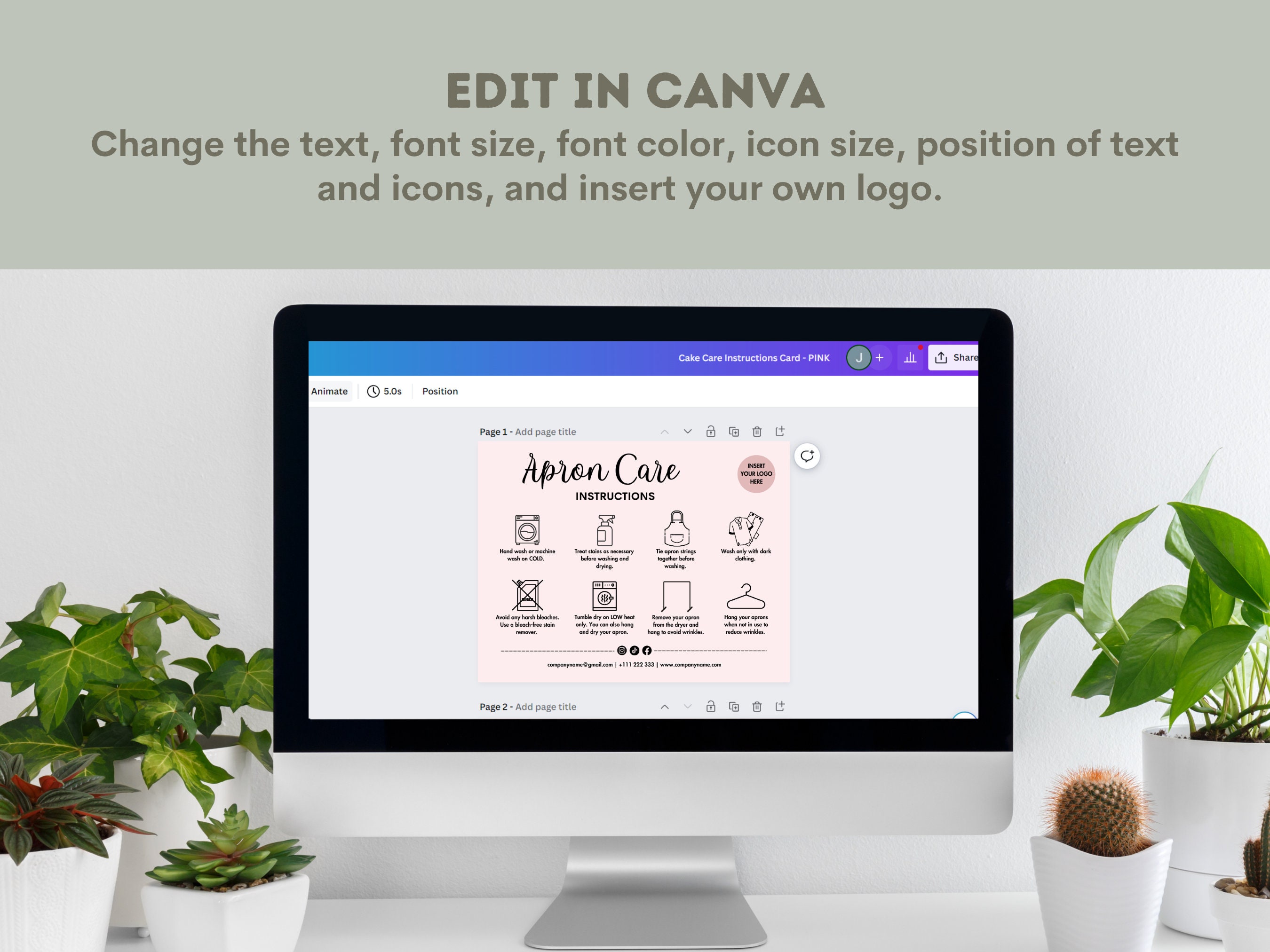 Apron Care Instruction Cards Canva Template, Editable/printable Apron ...