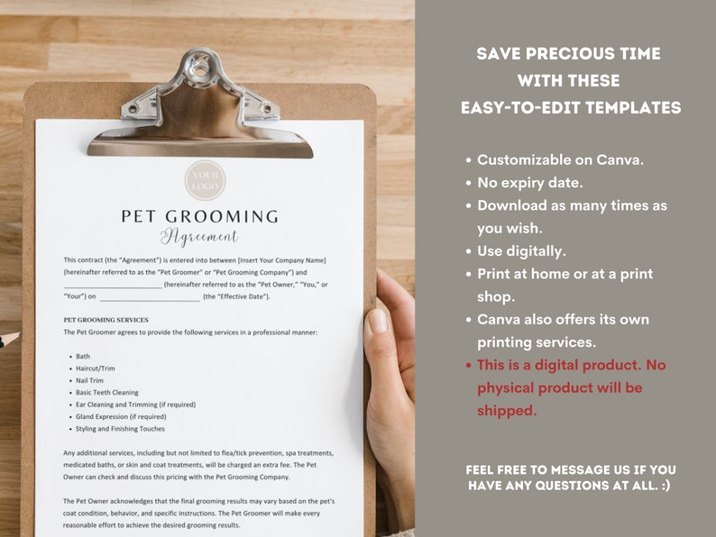 Pet Grooming Service Agreement/contract Template, Editable & Printable ...