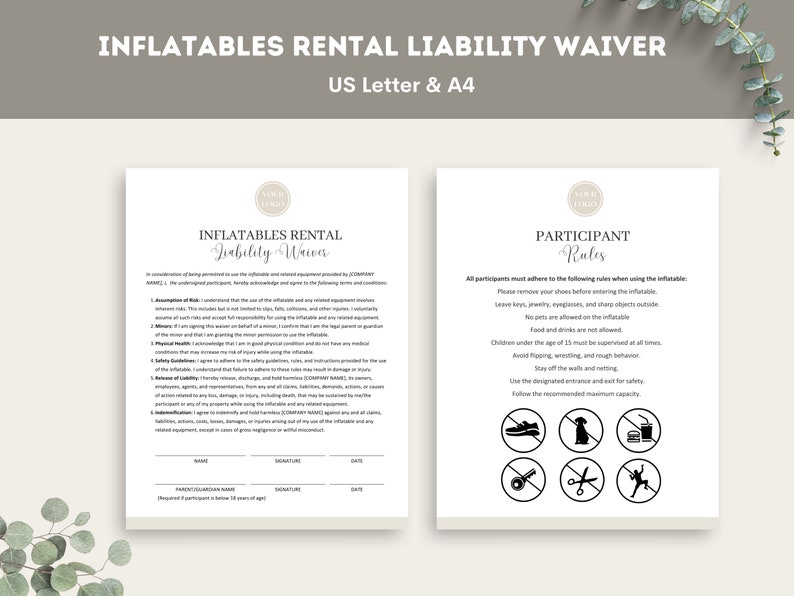 Inflatables Rental Liability Waiver Form Template, Editable/printable ...