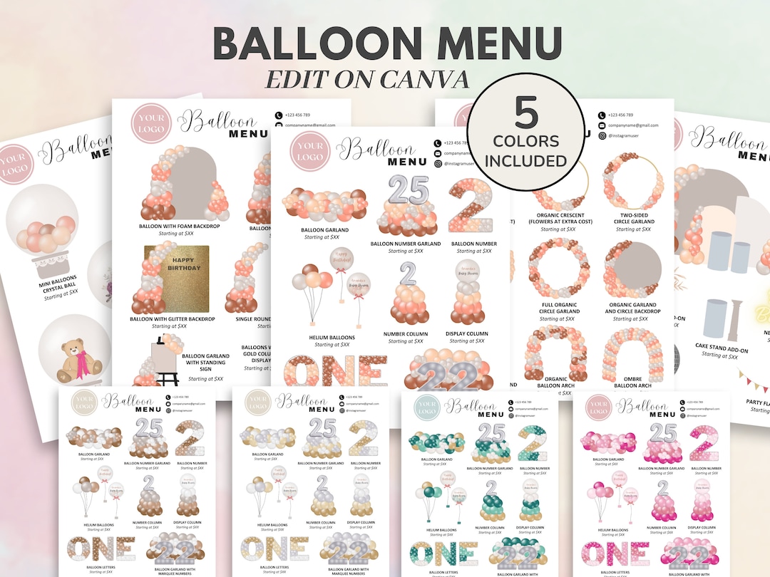 Balloon Menu Template, Editable & Printable Balloon Decor Price List ...