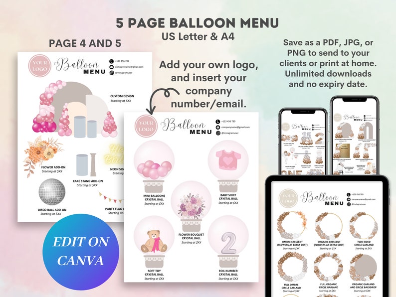 Balloon Menu Template, Editable & Printable Balloon Decor Price List ...