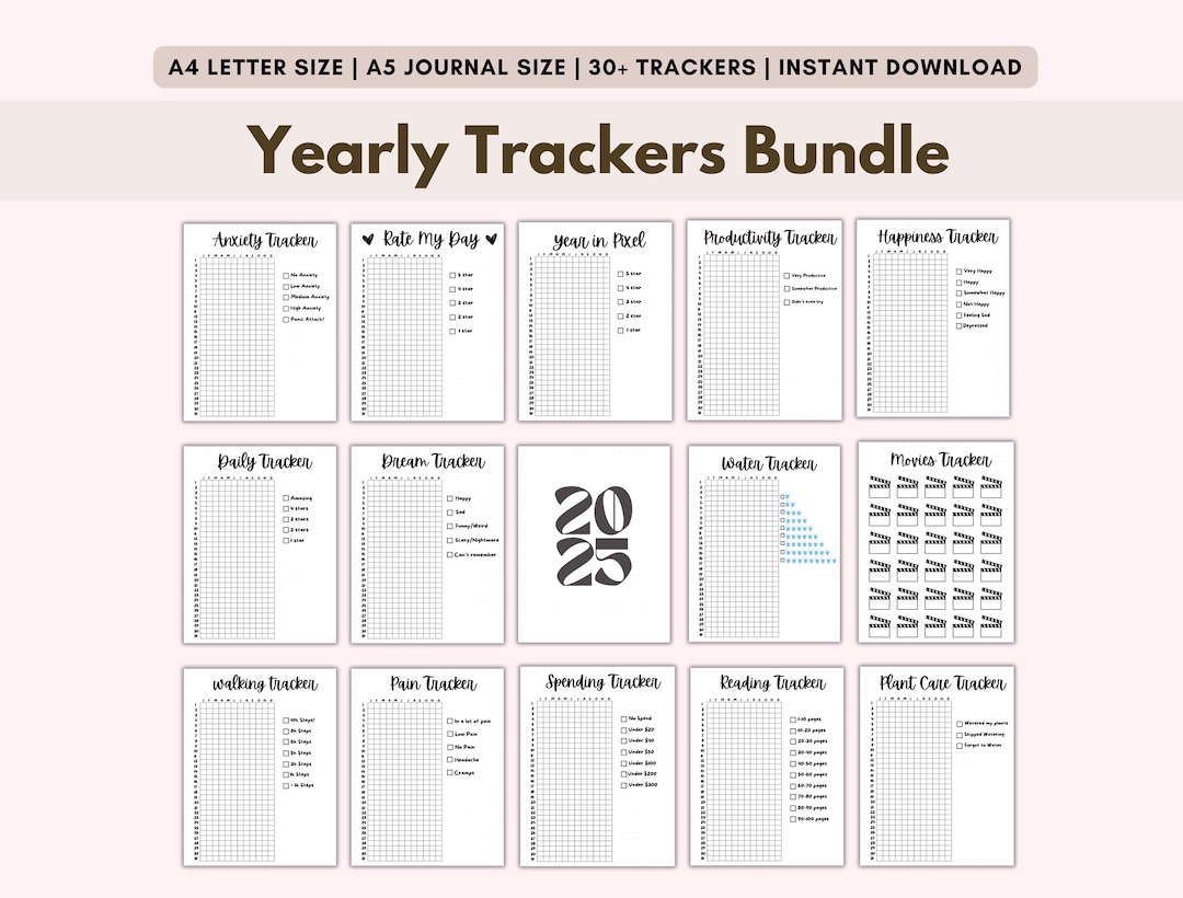 Yearly Trackers Printable Bundle, A5 Premade Bullet Journal Pages, 2025 ...