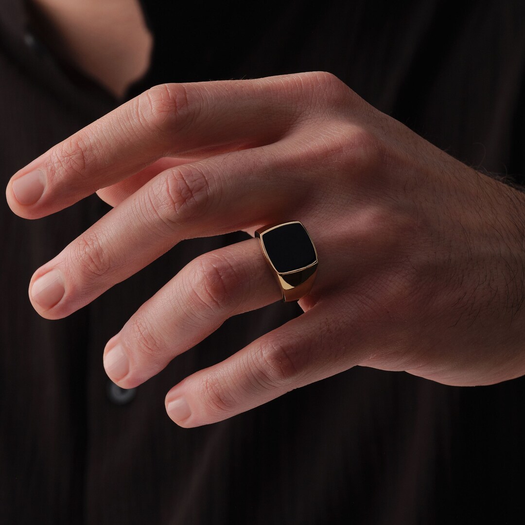 Black Signet Ring in Sterling Silver / Thick Stackable Ring / Square ...