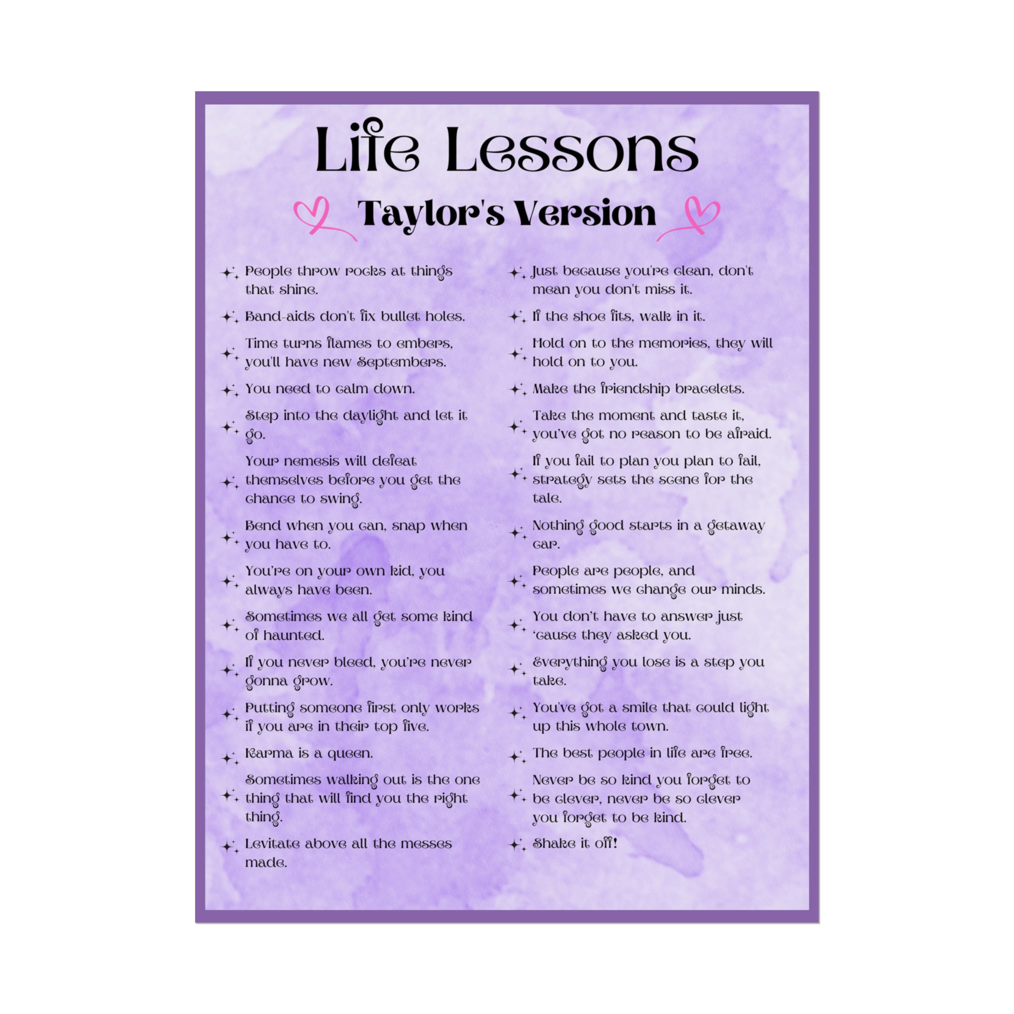 Taylor Swift Life Lesson Poster Inspirational Wall Art Swiftie Poster ...