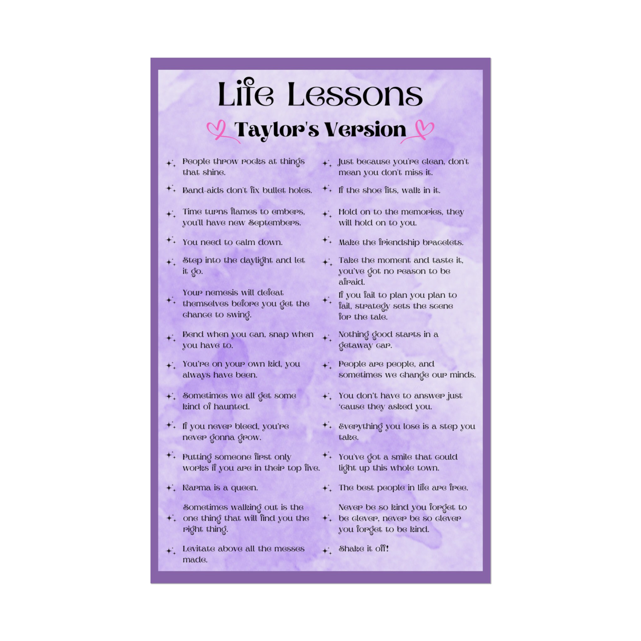 Taylor Swift Life Lesson Poster Inspirational Wall Art Swiftie Poster ...