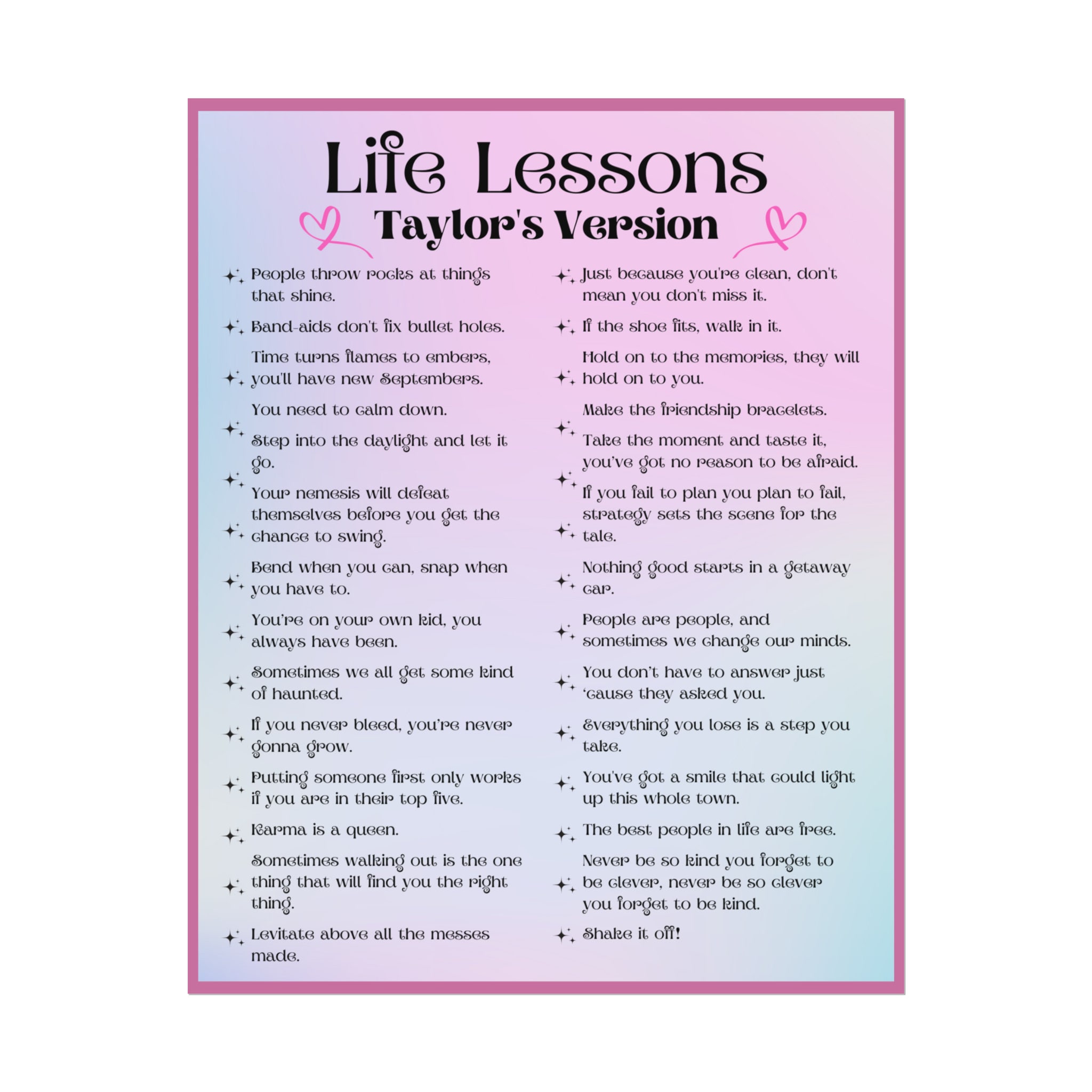Taylor Swift Life Lesson Poster Inspirational Wall Art Swiftie Poster ...