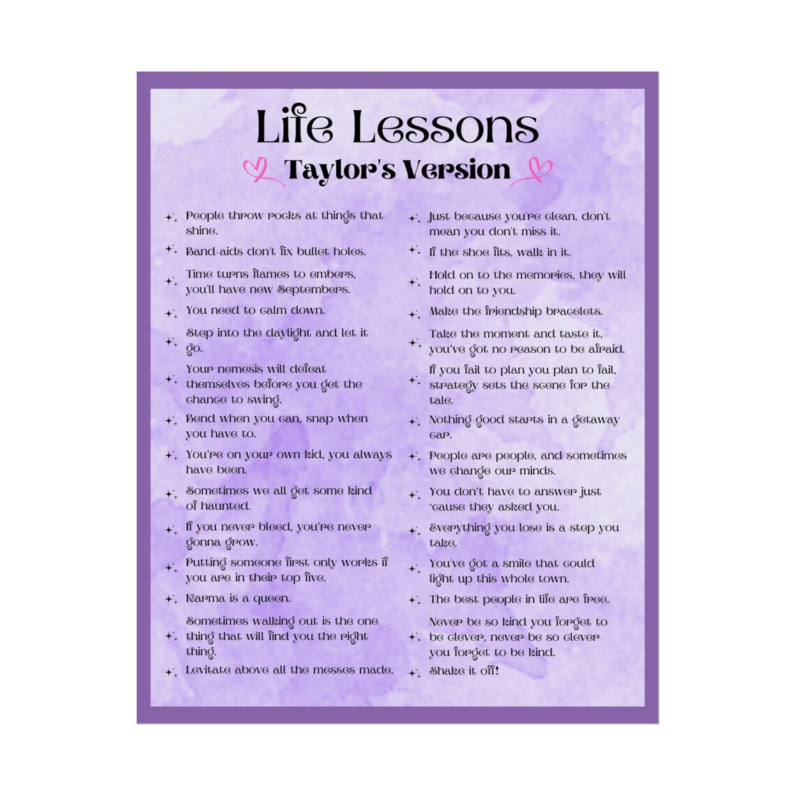 Taylor Swift Life Lesson Poster Inspirational Wall Art Swiftie Poster ...