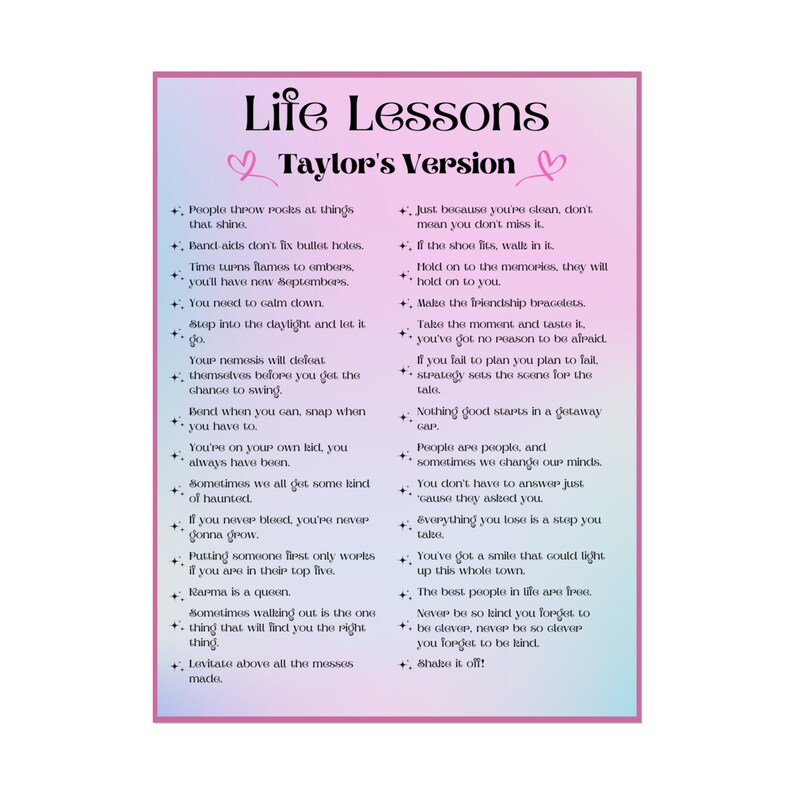 Taylor Swift Life Lesson Poster Inspirational Wall Art Swiftie Poster ...