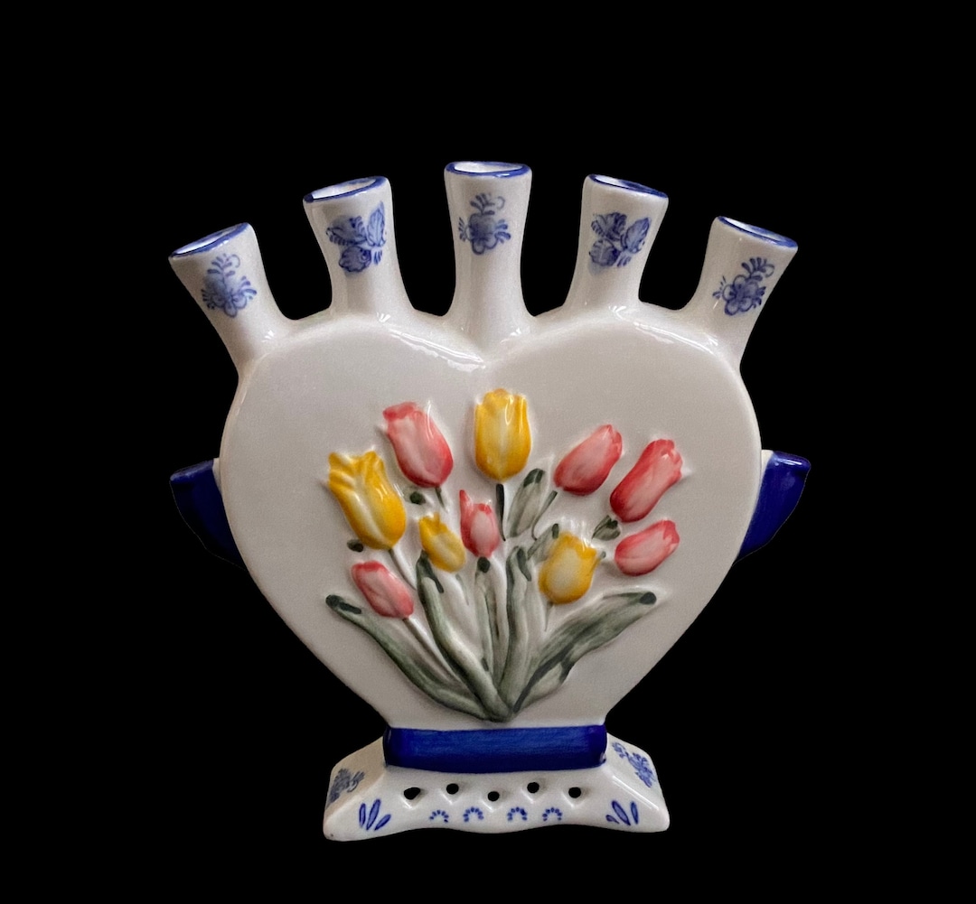 Vaso de arranjo de flores de tulipa, vaso de arte holandesa azul e ...