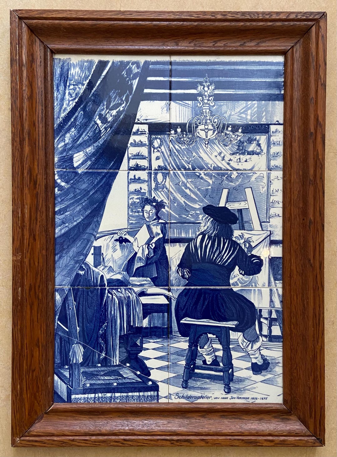Vintage Delftware Plate in Oak Wood Frame Vermeer - Blue White Tiles ...