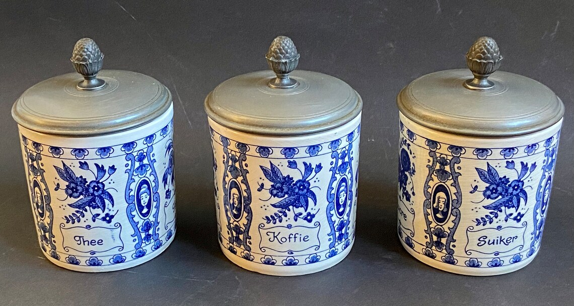 Three Dutch Delft Blue Pot With Lid, Hand-painted Ceramic Canister ...