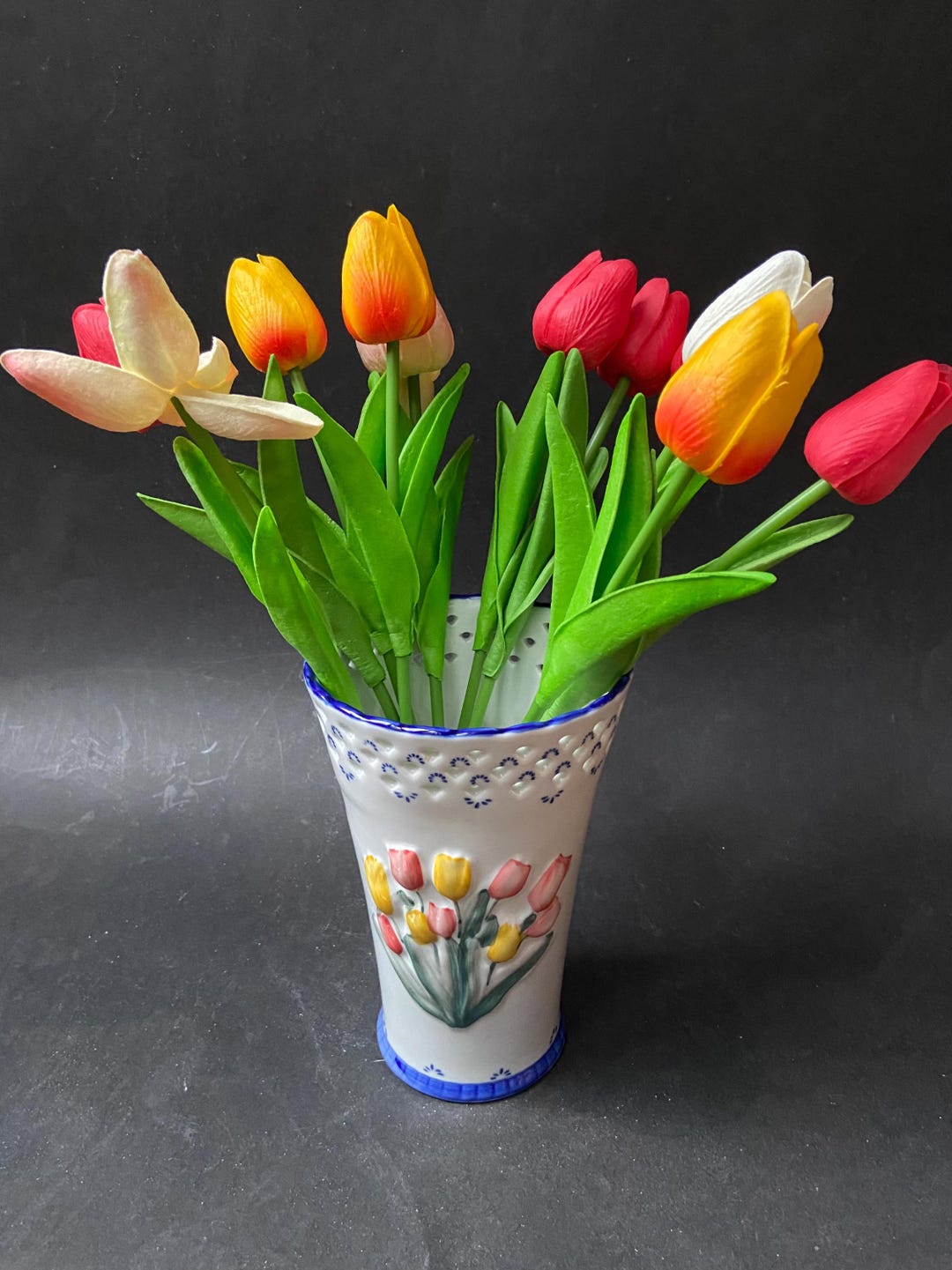 Tulip Flower Arrangement Vase, Blue and White Dutch Art Vase, Delftware ...
