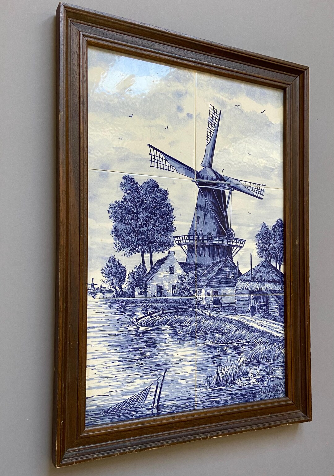 Vintage Delftware Plate in Oak Wood Frame Windmill - Blue White Tiles ...