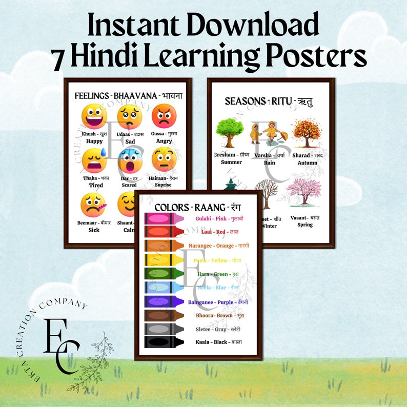 7 Hindi Learning Posters Bundle Educational Learning Kids Wall Art ...