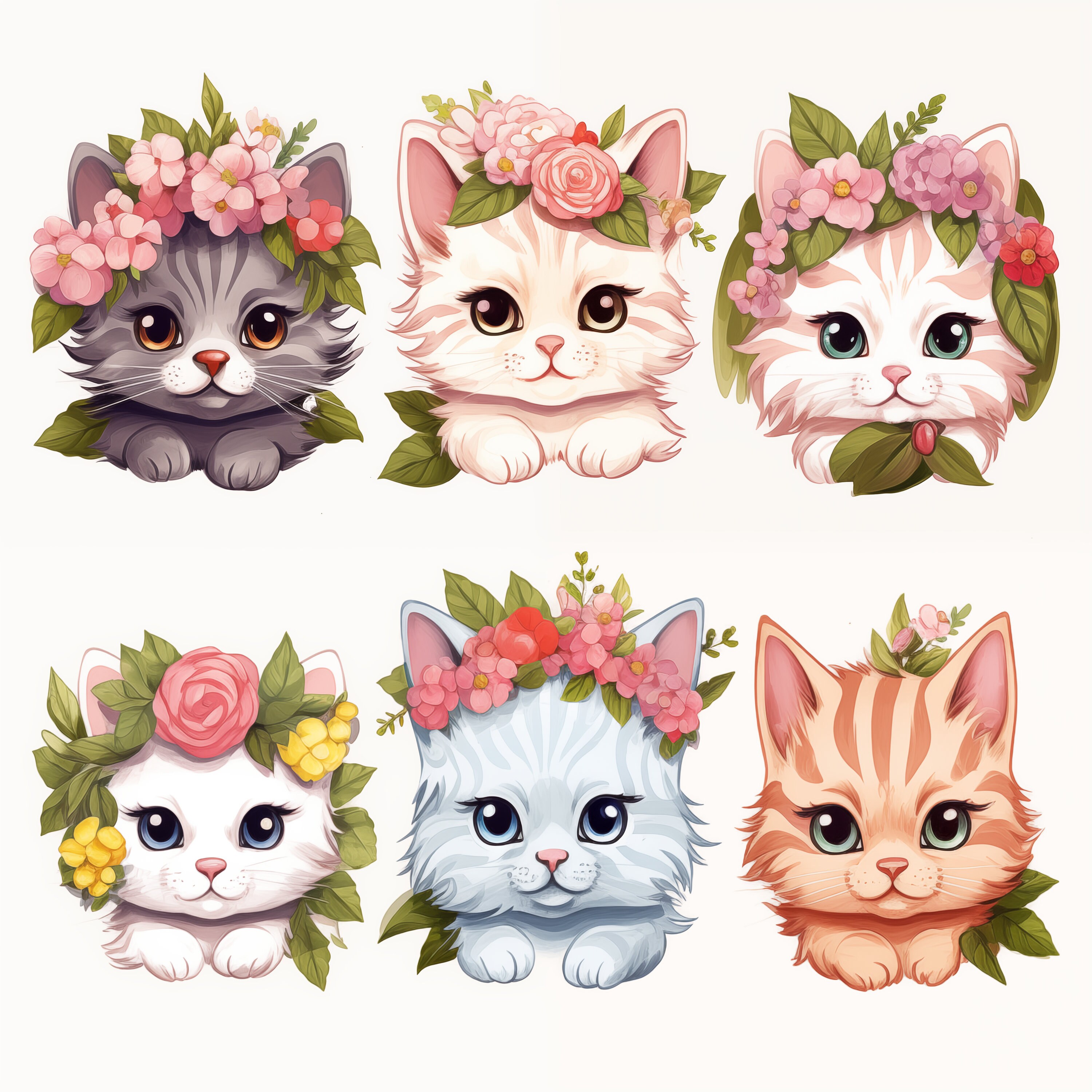 Cats With Flowers Clipart Cute Floral Cats and Kittens With Wildflowers ...