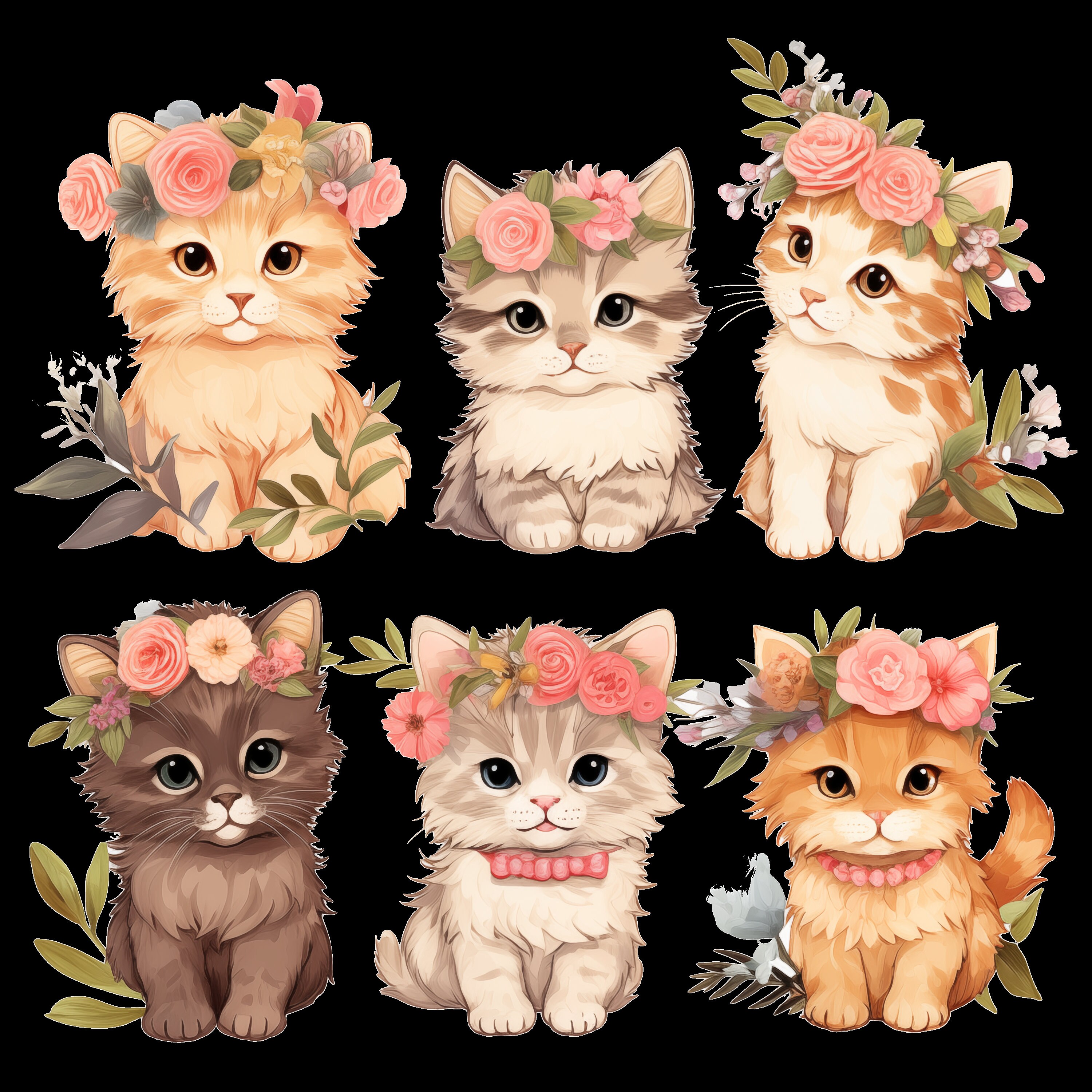 Cats With Flowers Clipart Cute Floral Cats and Kittens With Wildflowers ...