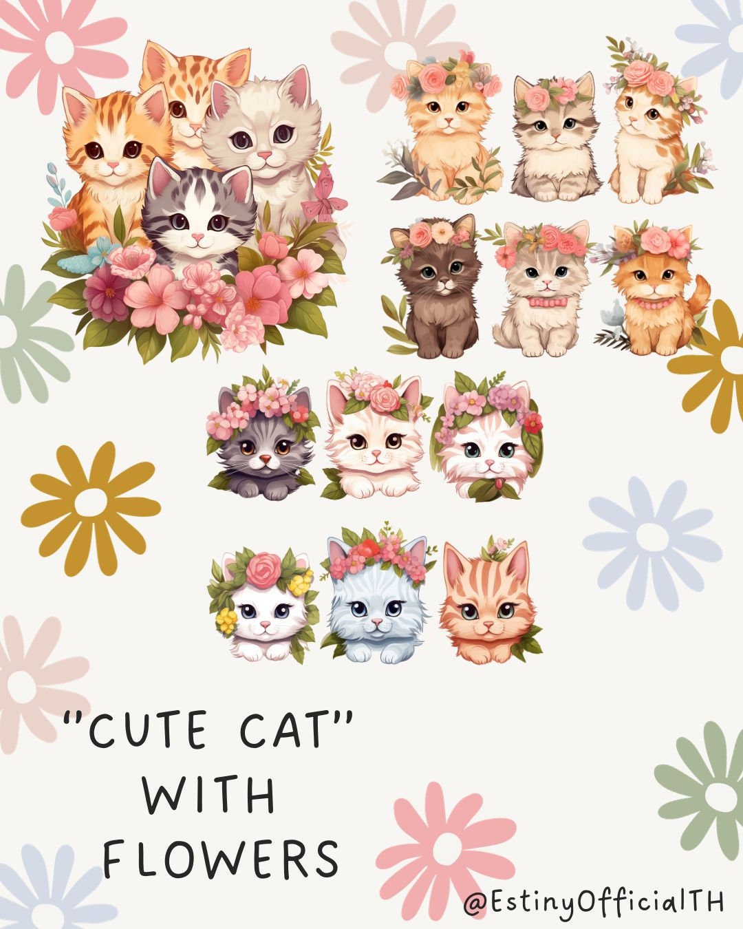 Cats With Flowers Clipart Cute Floral Cats and Kittens With Wildflowers ...