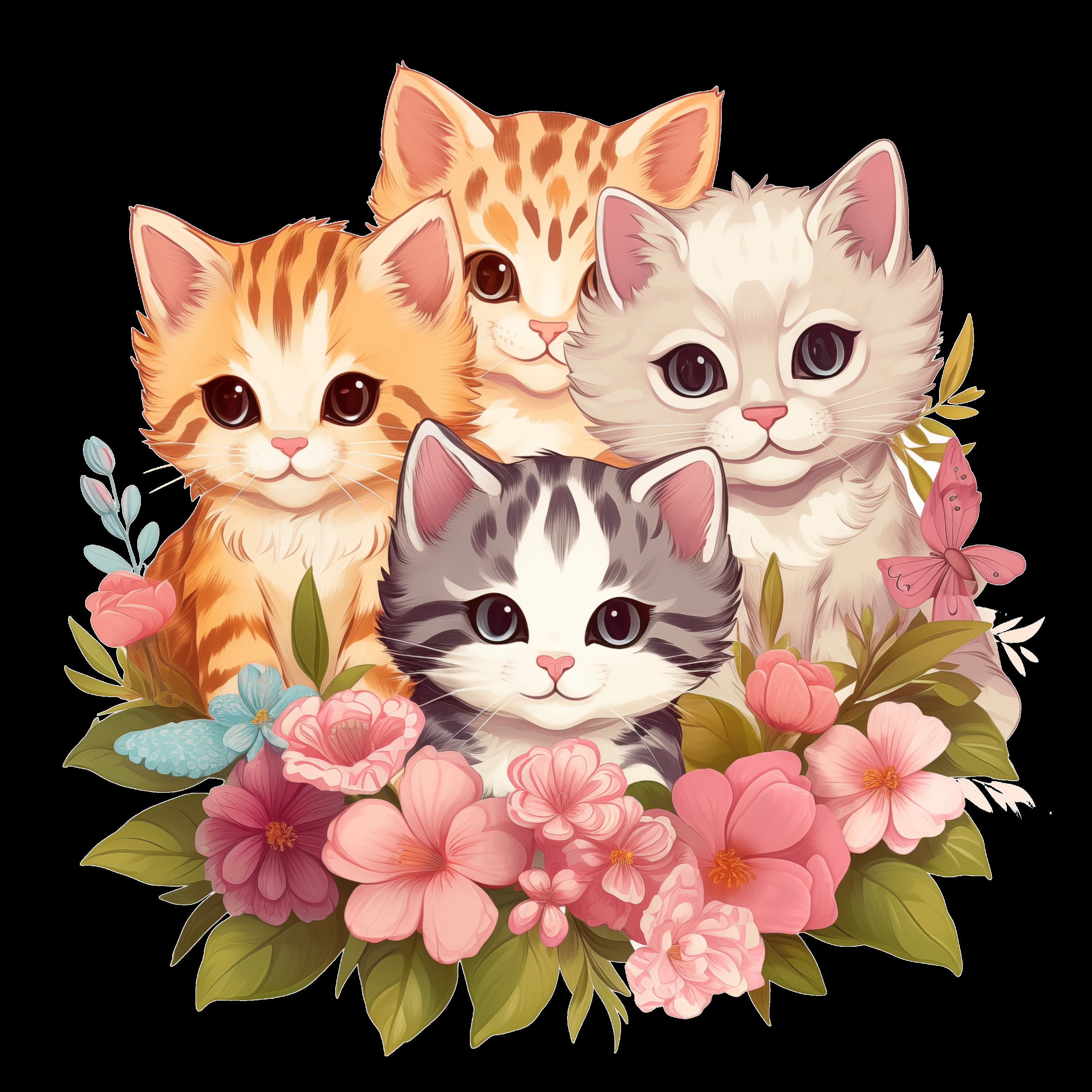 Cats With Flowers Clipart Cute Floral Cats and Kittens With Wildflowers ...