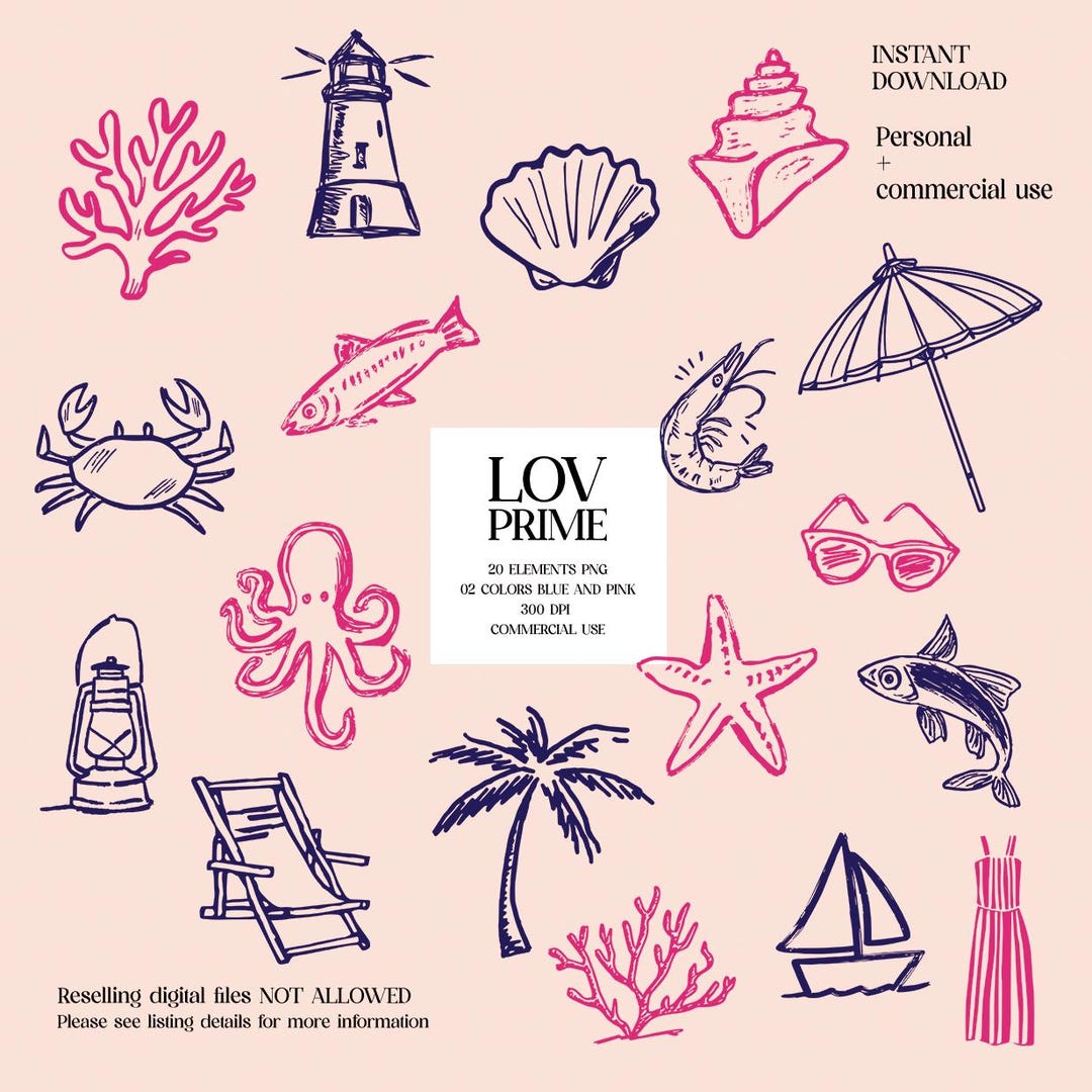 Hand-drawn Nautical Beach Clipart | Summer Line Art PNG | Bachelorette ...