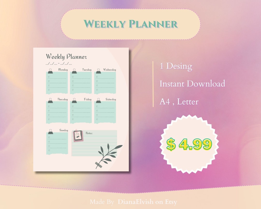 Weekly Planner Printable A4 Size, Letter Size Digital Download - Etsy ...