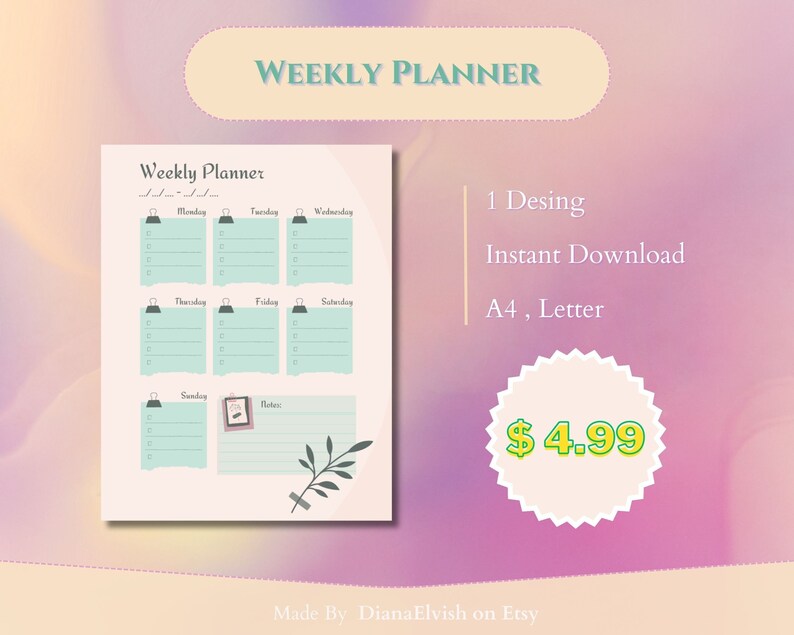 Weekly Planner Printable A4 Size, Letter Size Digital Download - Etsy