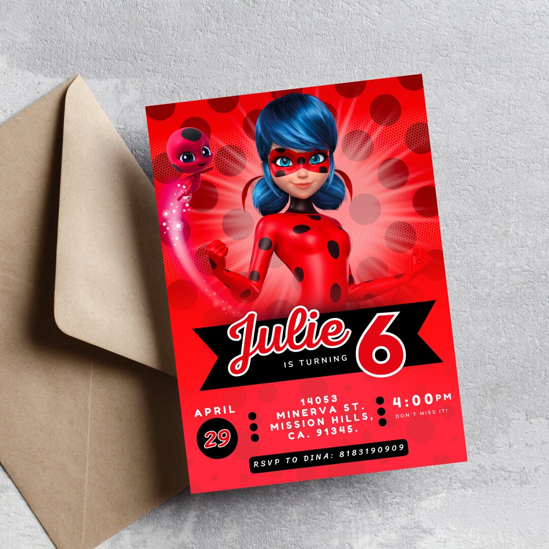 Self-editable 5x7 Miraculous Ladybug Party Invitation Birthday Invite ...
