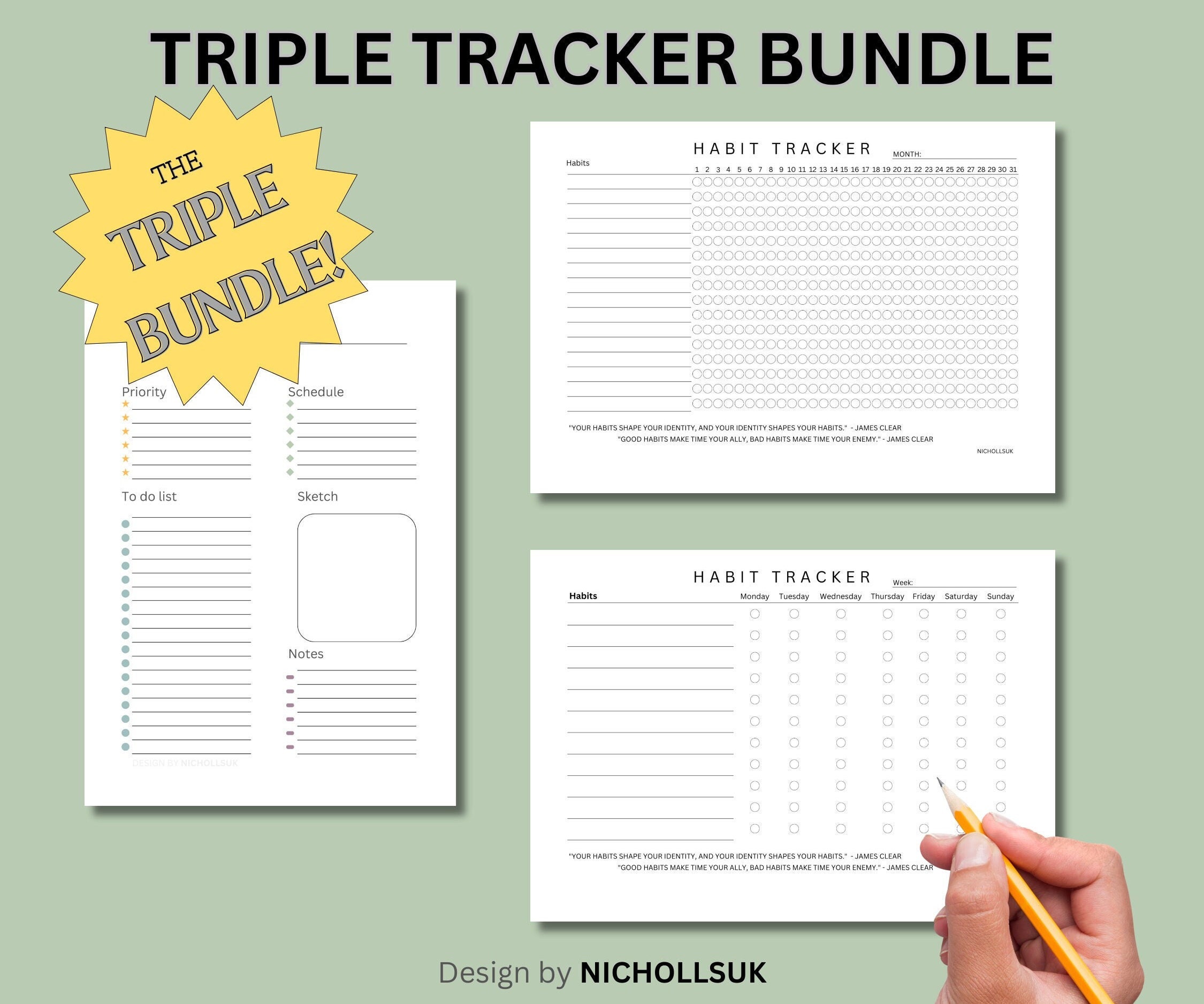 Triple Tracker Bundle! Daily, Weekly, Monthly Tracker (progress, Habit ...