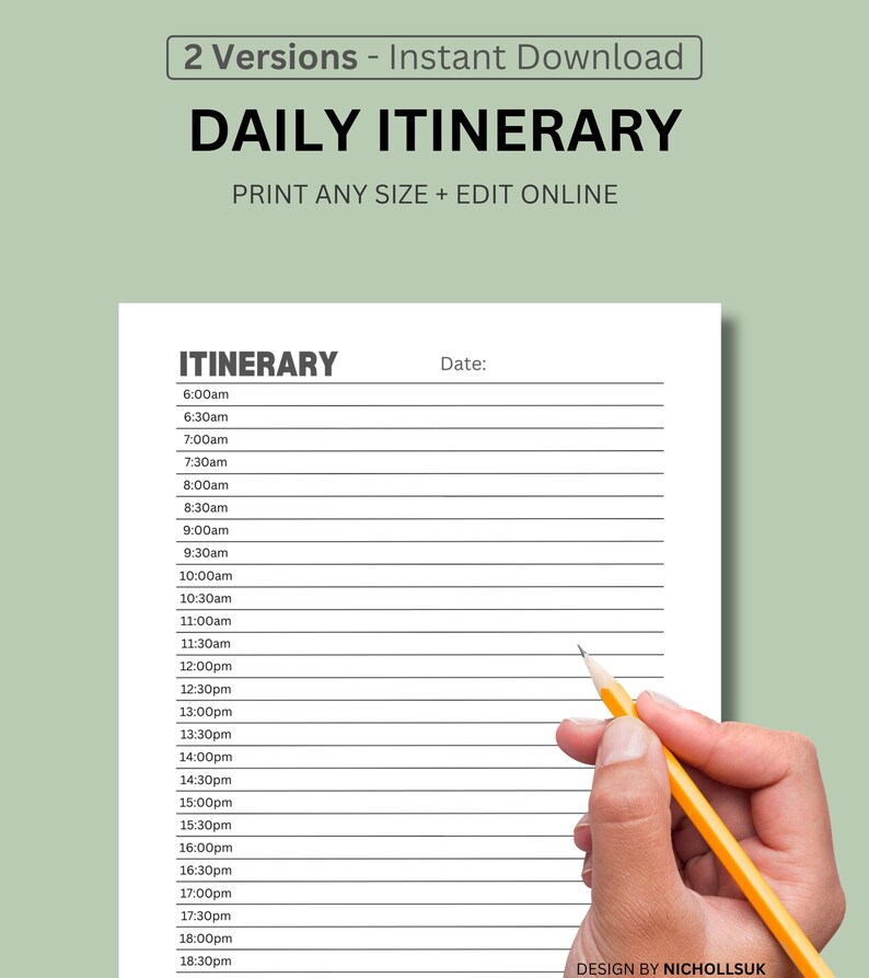 Daily Itinerary Template. Printable / Instant Download. Daily Planner ...