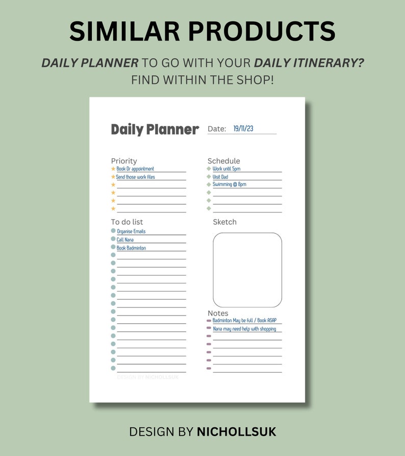 Daily Itinerary Template. Printable / Instant Download. Daily Planner ...