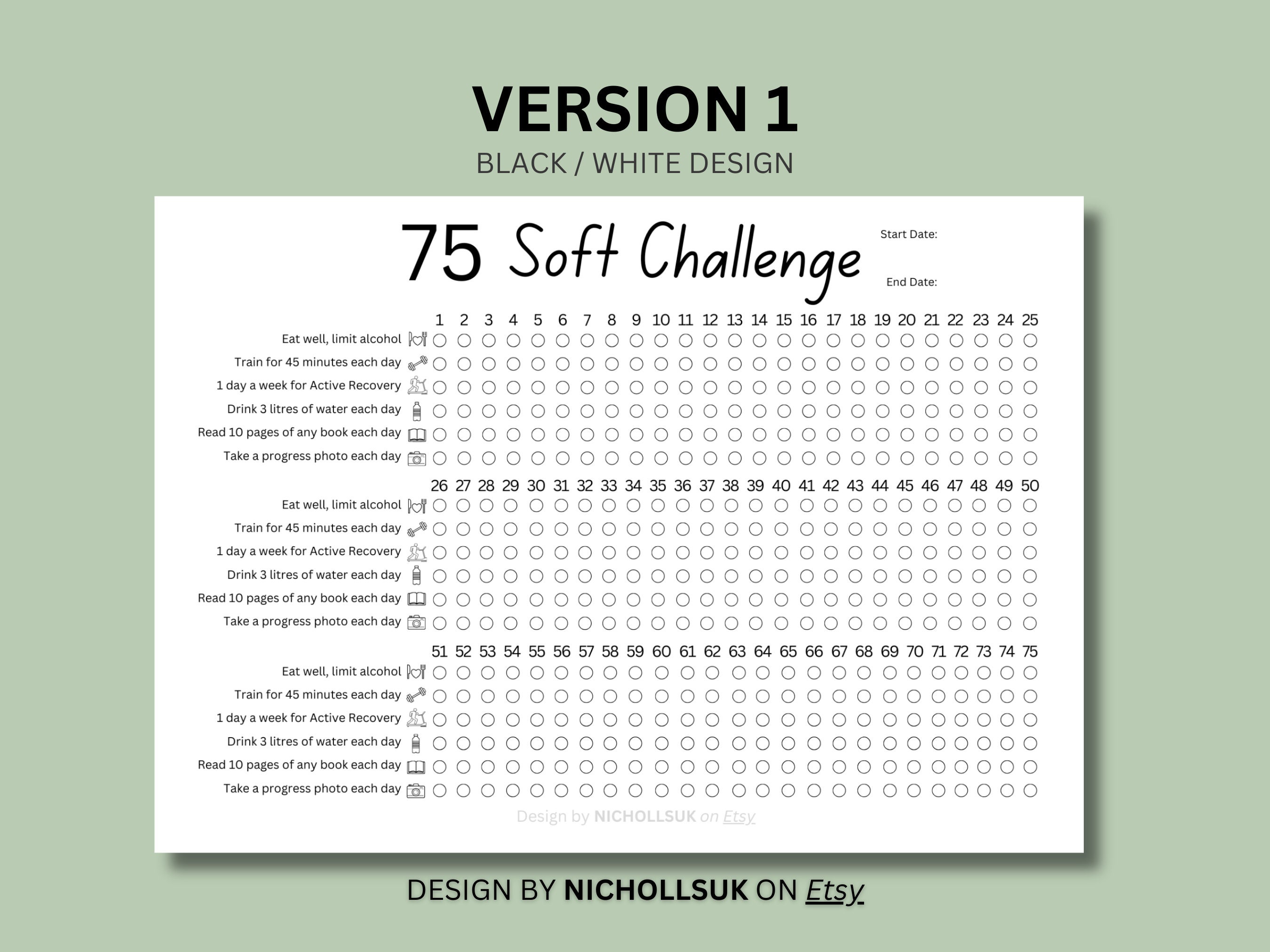 75 Soft Challenge Tracker Printable Landscape A3 / A4 Sizes Instant ...