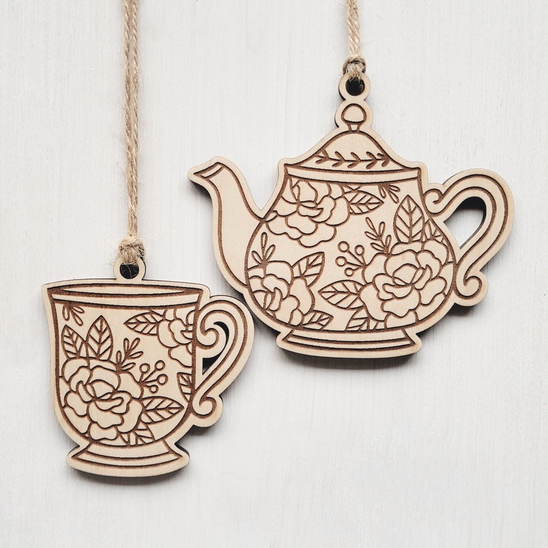 Floral Patterned Matching Set of Teapot and Teacup Engraved Wood ...